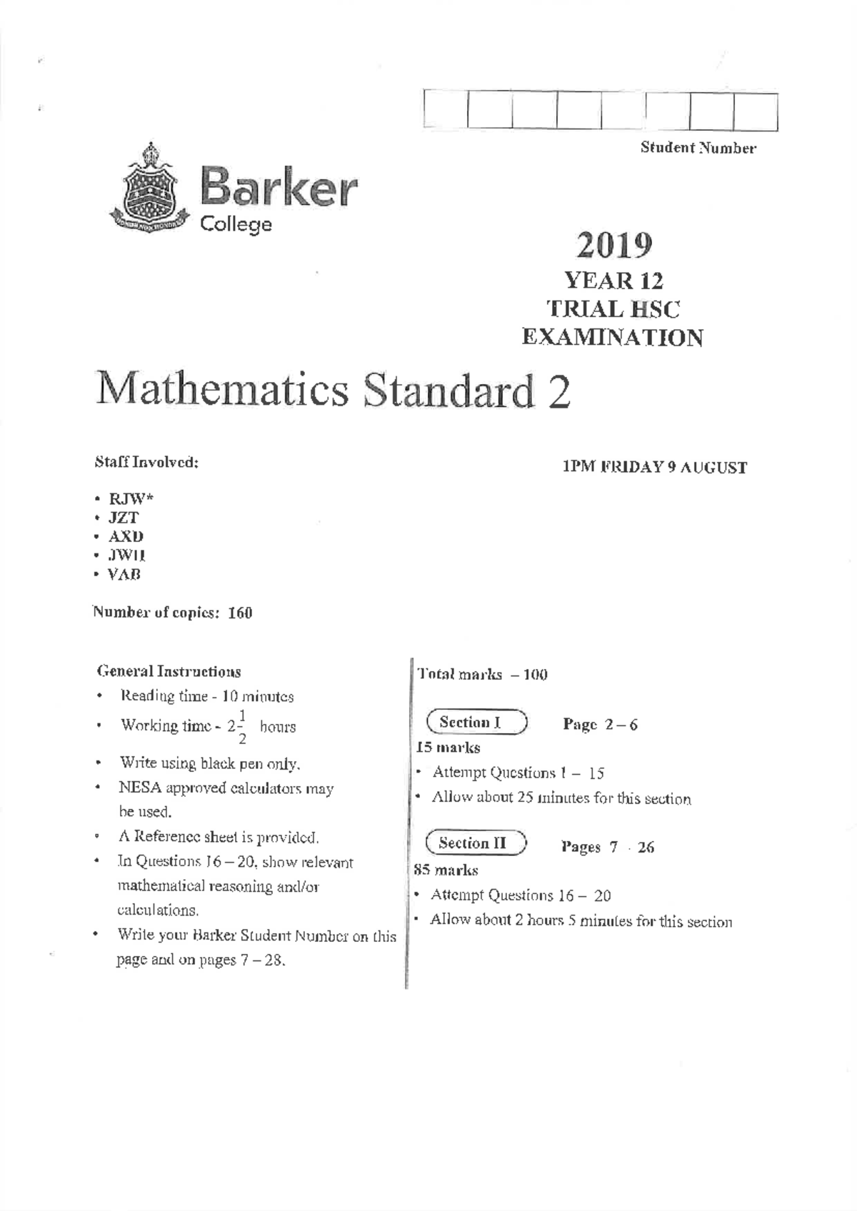 Barker College 2019 Year 12 Trial HSC Mathematics Standard Exam ...