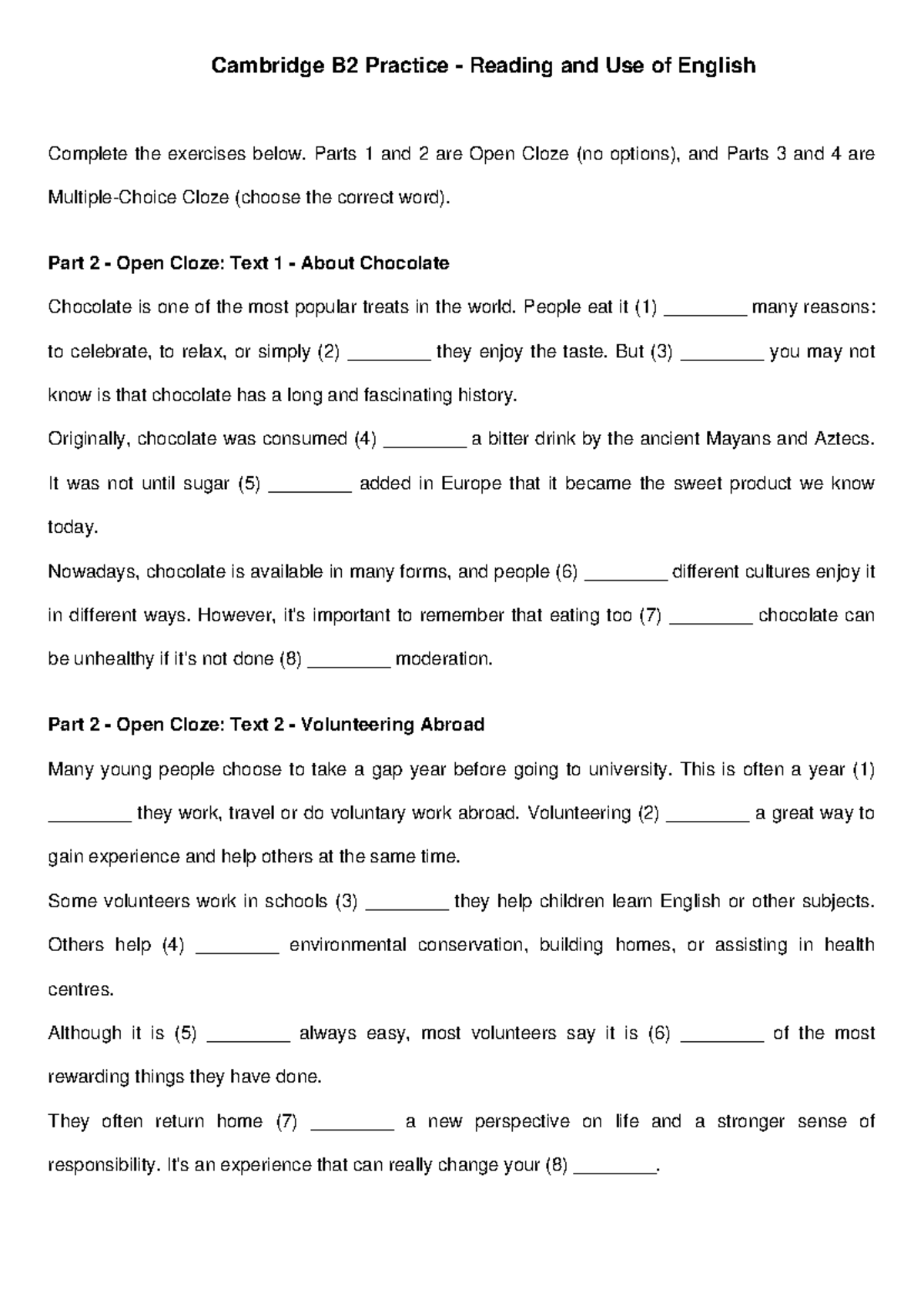 B2 Reading & Use of English Practice: Open Cloze Exercises - Studocu
