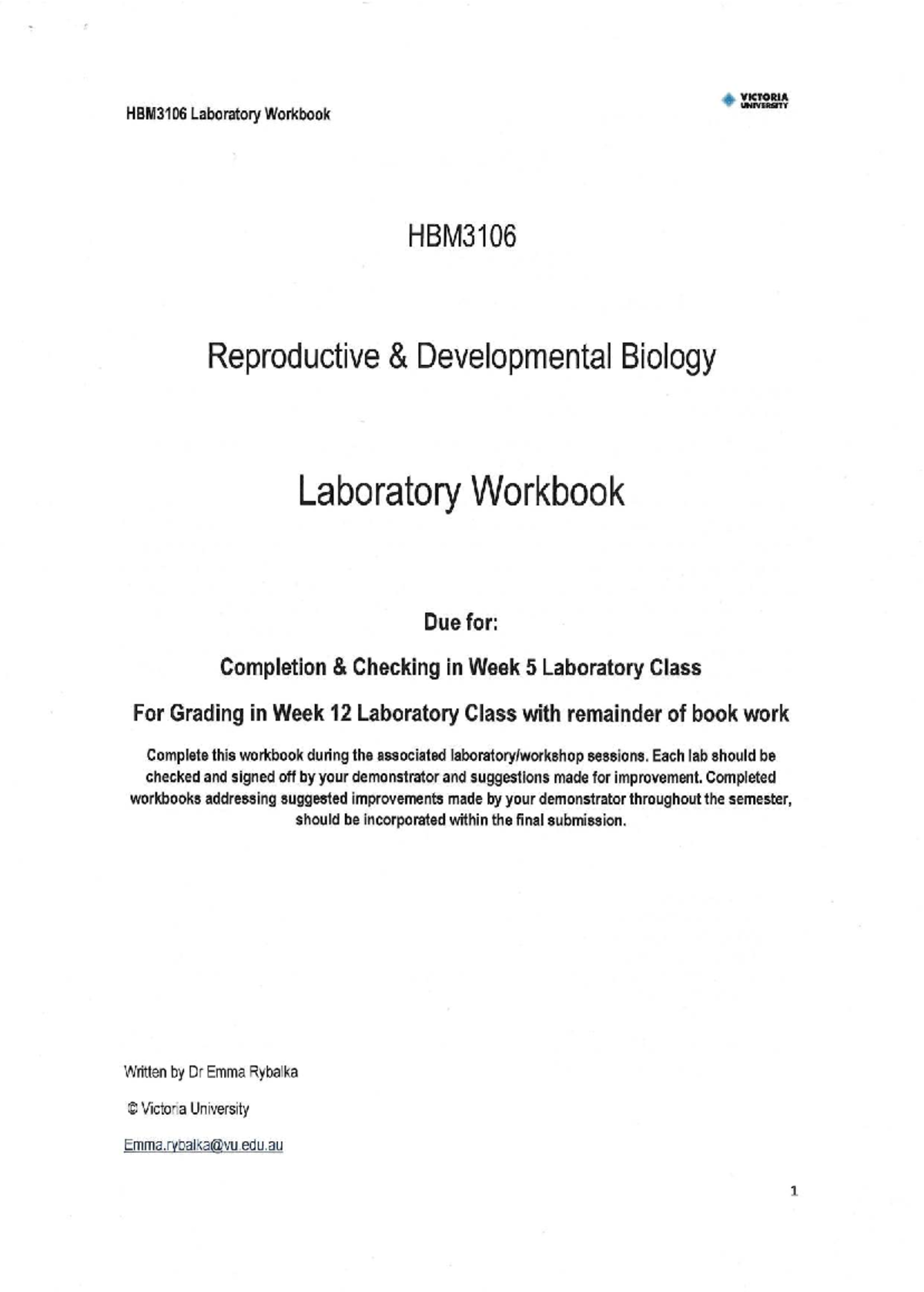 HBM3106 Laboratory Workbook: Reproductive Developmental Biology ...