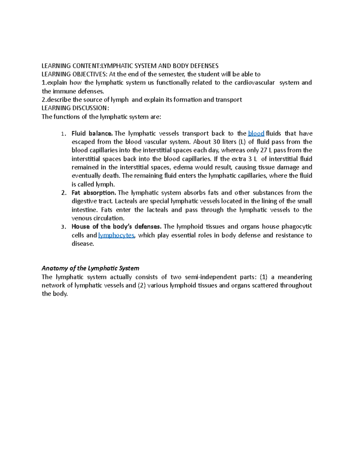 Lymphatic System Lecture Notes 1 Learning Content Lymphatic System
