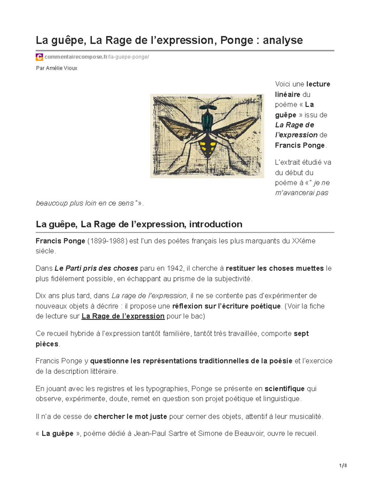 Analyse linéaire de « La guêpe » dans La Rage de l'expression de Ponge ...