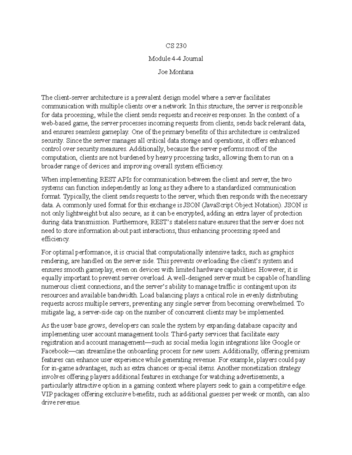CS 230 module 4-4 - CS 230 Mod 4-4 - CS 230 Module 4-4 Journal Joe ...
