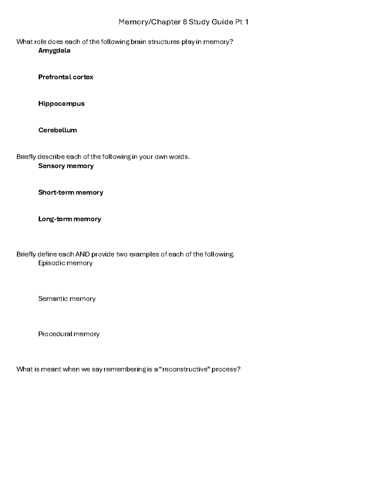 Memory Chapter 8 Study Guide: Key Concepts and Brain Structures - PSYX ...