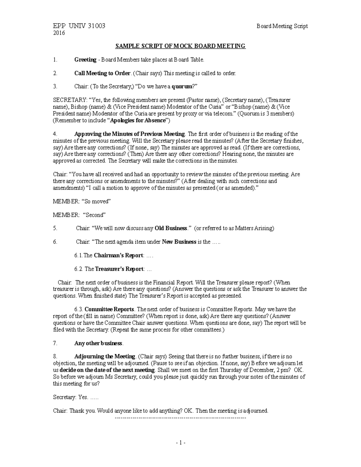 Sample Script of Board Meeting - EPP UNIV 31003 Board Meeting Script ...