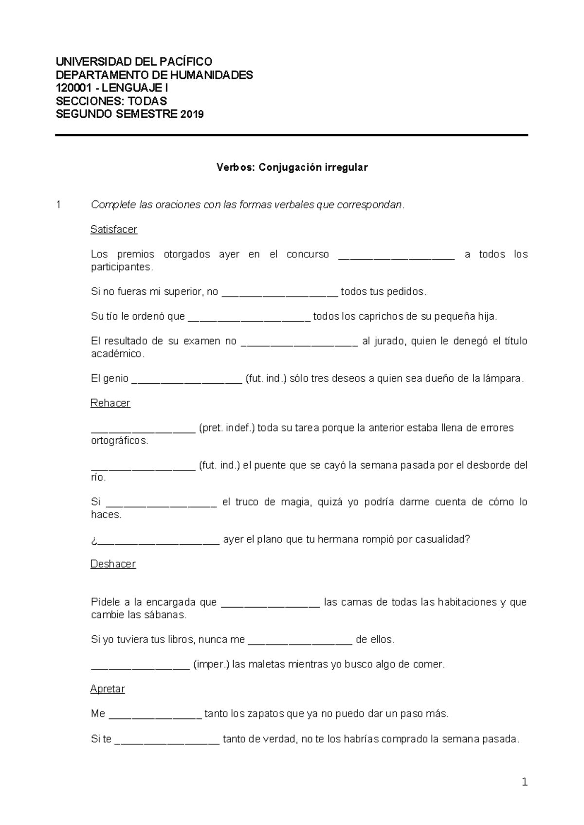Conjugación Irregular - Ejercicios de Lenguaje I (HUM 2019) - Studocu