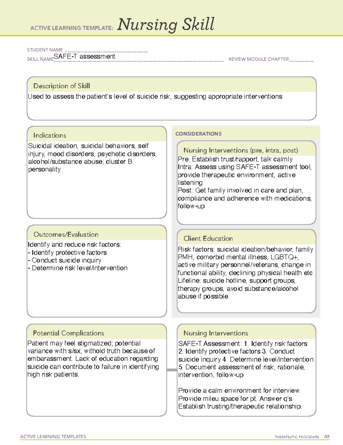 SAFE-T Assessment Guide: Nursing Skill Template for ATI Documentation ...