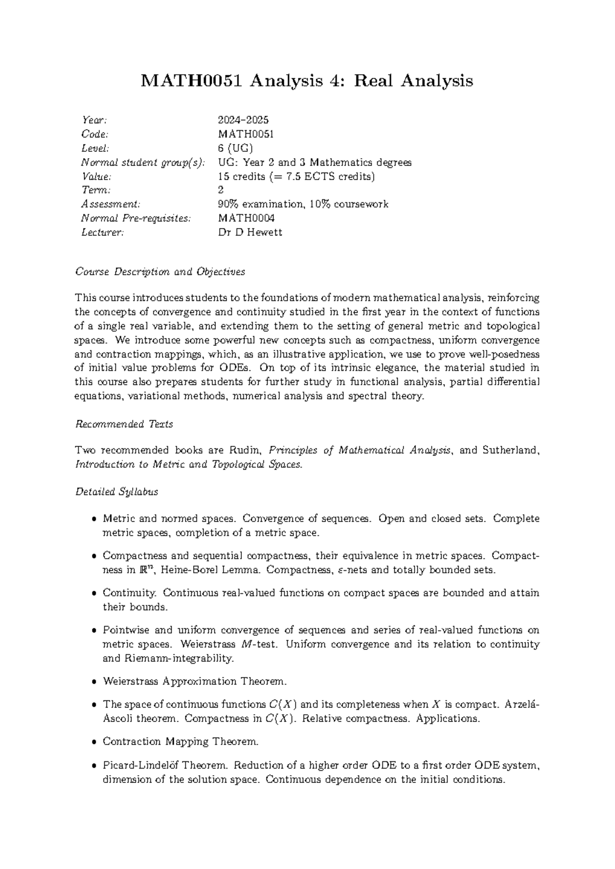 Syllabus MATH0051: Summary of Real Analysis Concepts for 2024 - Studocu