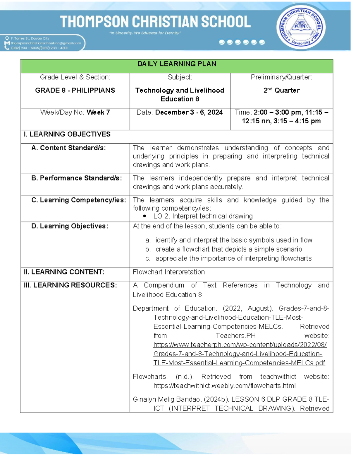 TLE 8 - 2nd Quarter Daily Learning Plan: Week 7 Flowchart ...
