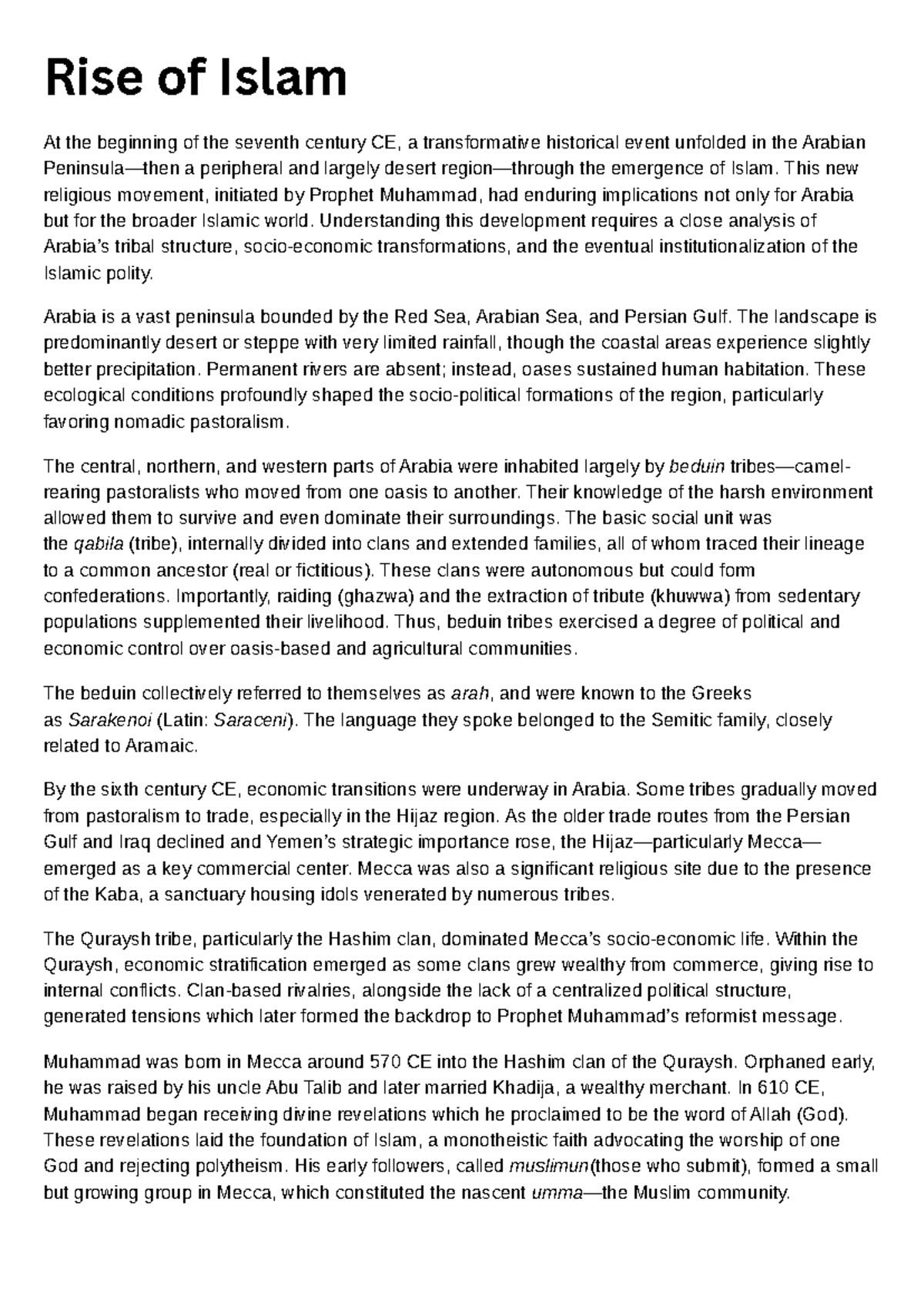 The Emergence of Islam: Historical Context and Key Developments - Studocu