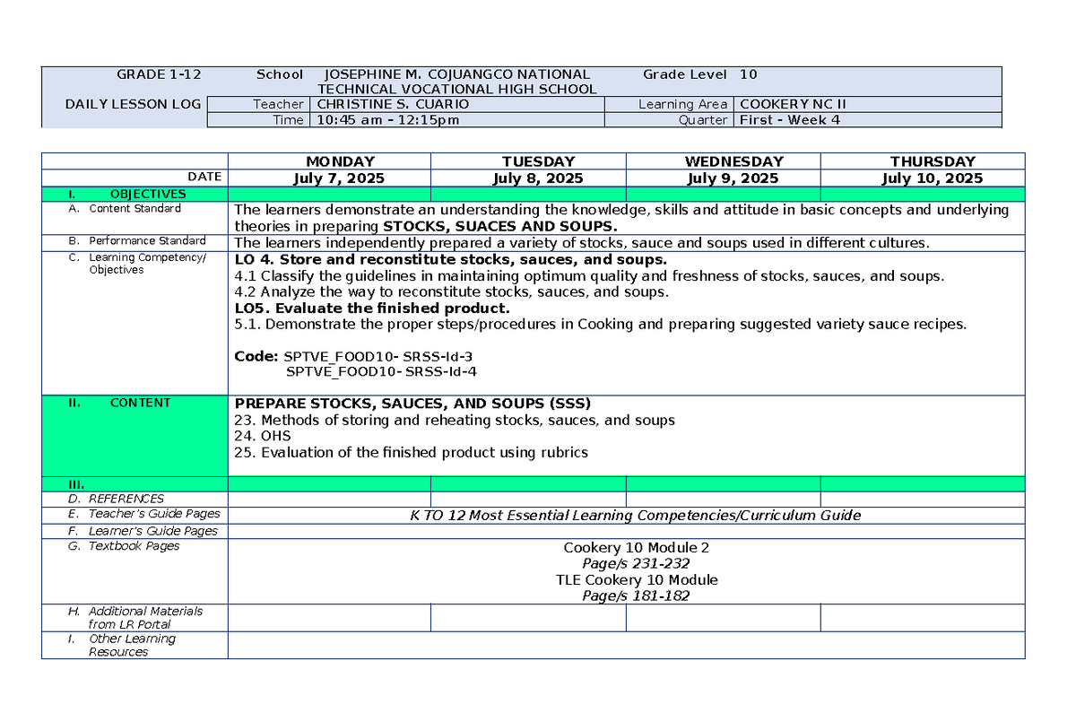 DLL Cookery 10 Q1 Week 4: Stocks, Sauces, and Soups Lesson Plan - Studocu