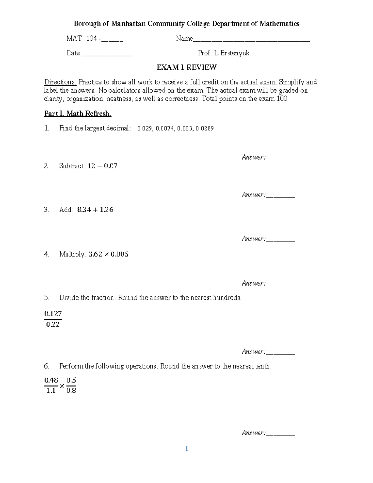 MAT 104 Exam 1 Review: Math & Drug Measures Practice F'19 - Studocu