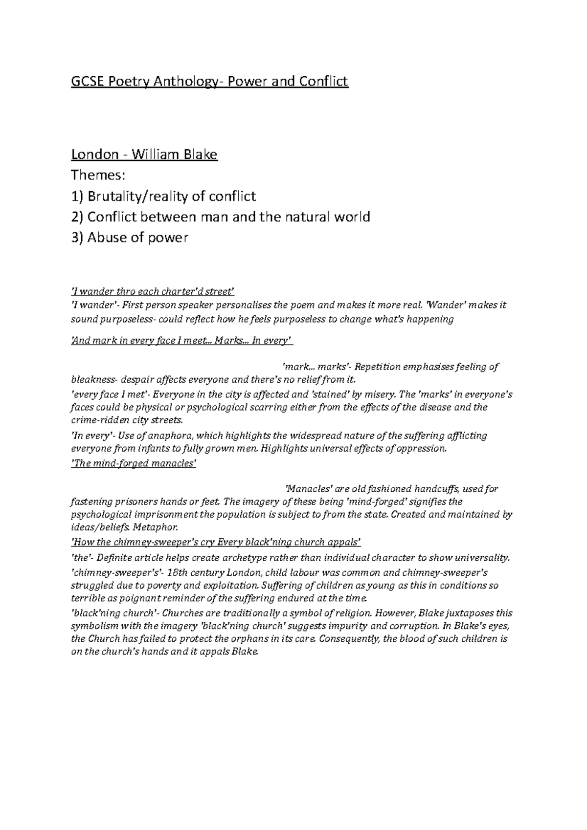 GCSE Poetry Anthology Analysis: Key Quotes on Power & Conflict - Studocu