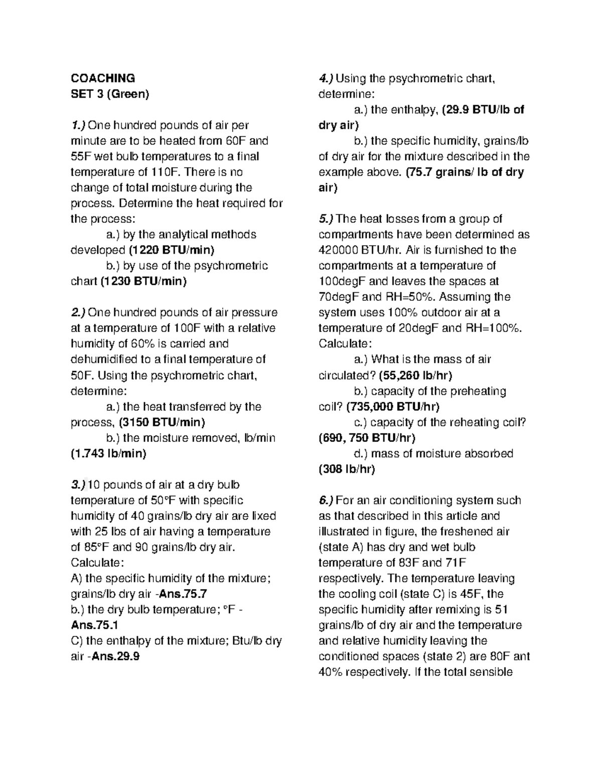 Coaching SET 3 (Green) - HVAC and Thermodynamics Sample Problems - Studocu