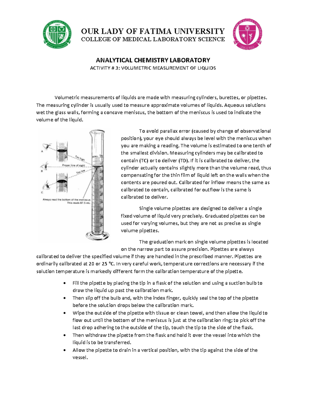 PLA3 - Analytical Chemistry Lab: Volumetric Measurement of Liquids ...