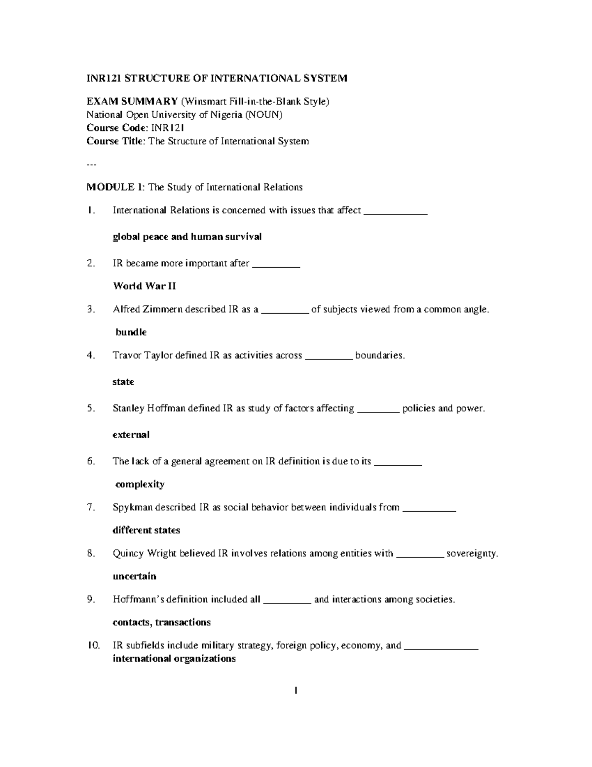 INR121 STRUCTURE OF INTERNATIONAL SYSTEM EXAM SUMMARY (NOUN) - Studocu