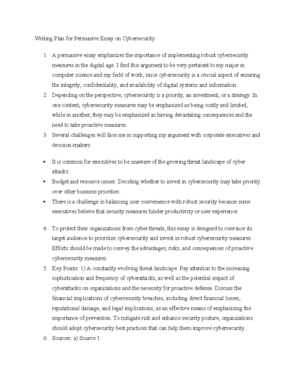 Writing Plan for Persuasive Essay on Cybersecurity Importance - Studocu