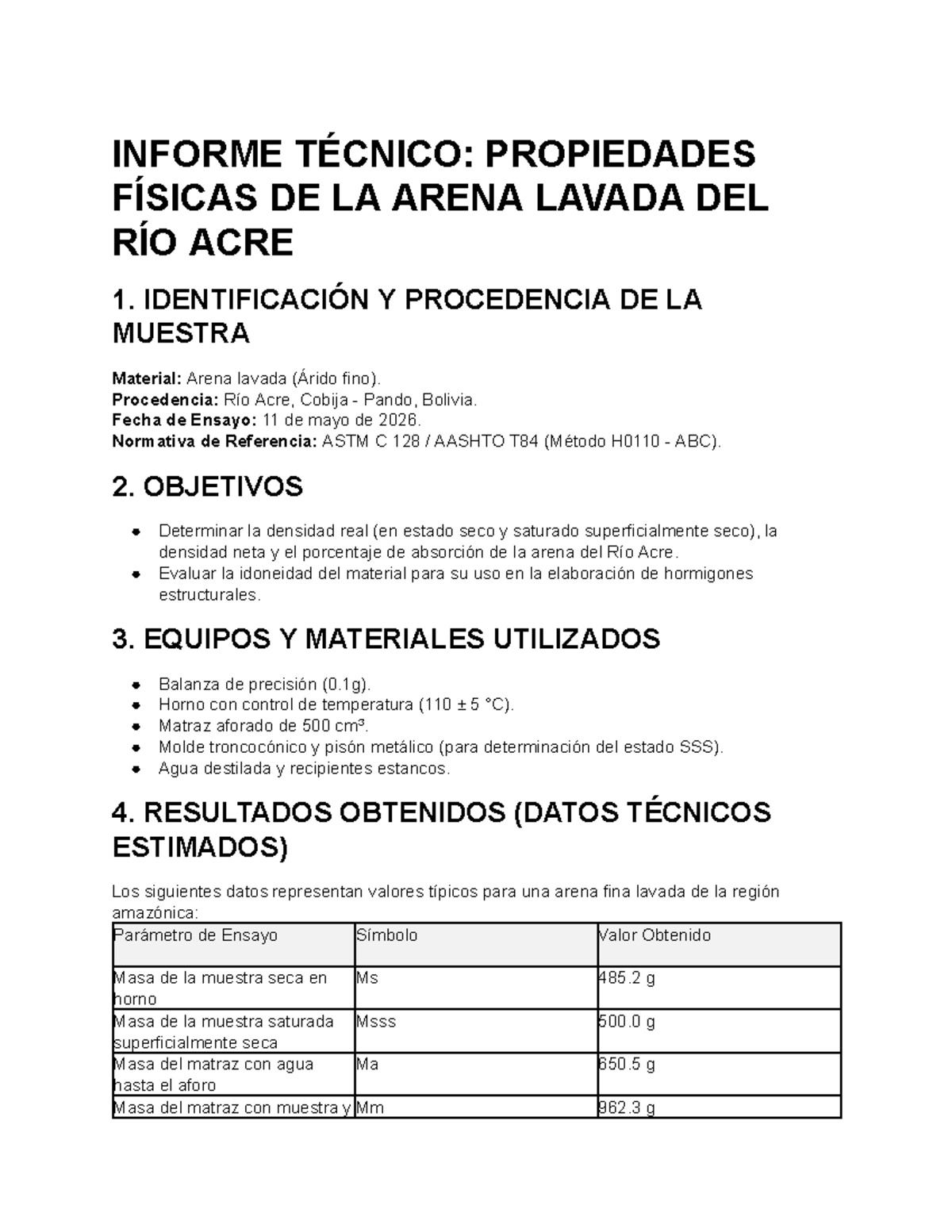 Informe Técnico: Propiedades Físicas de Arena Lavada del Río Acre - Studocu