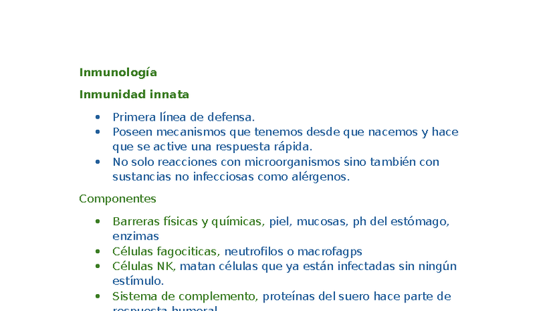 Inmunología: Inmunidad Innata y Primera Línea de Defensa - Studocu