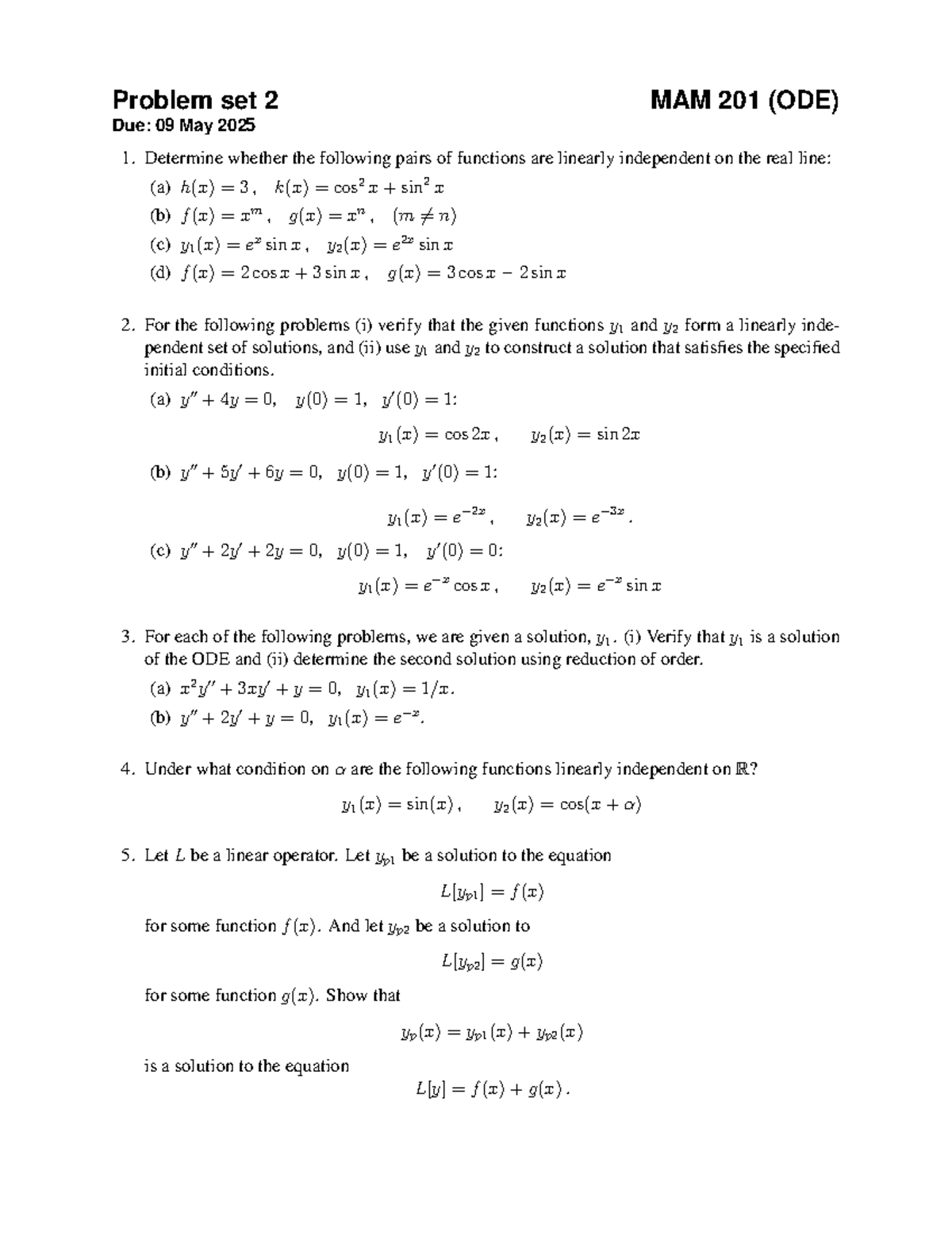 Problem Set 2 MAM 201 (ODE) - Linear Independence & Solutions - Studocu