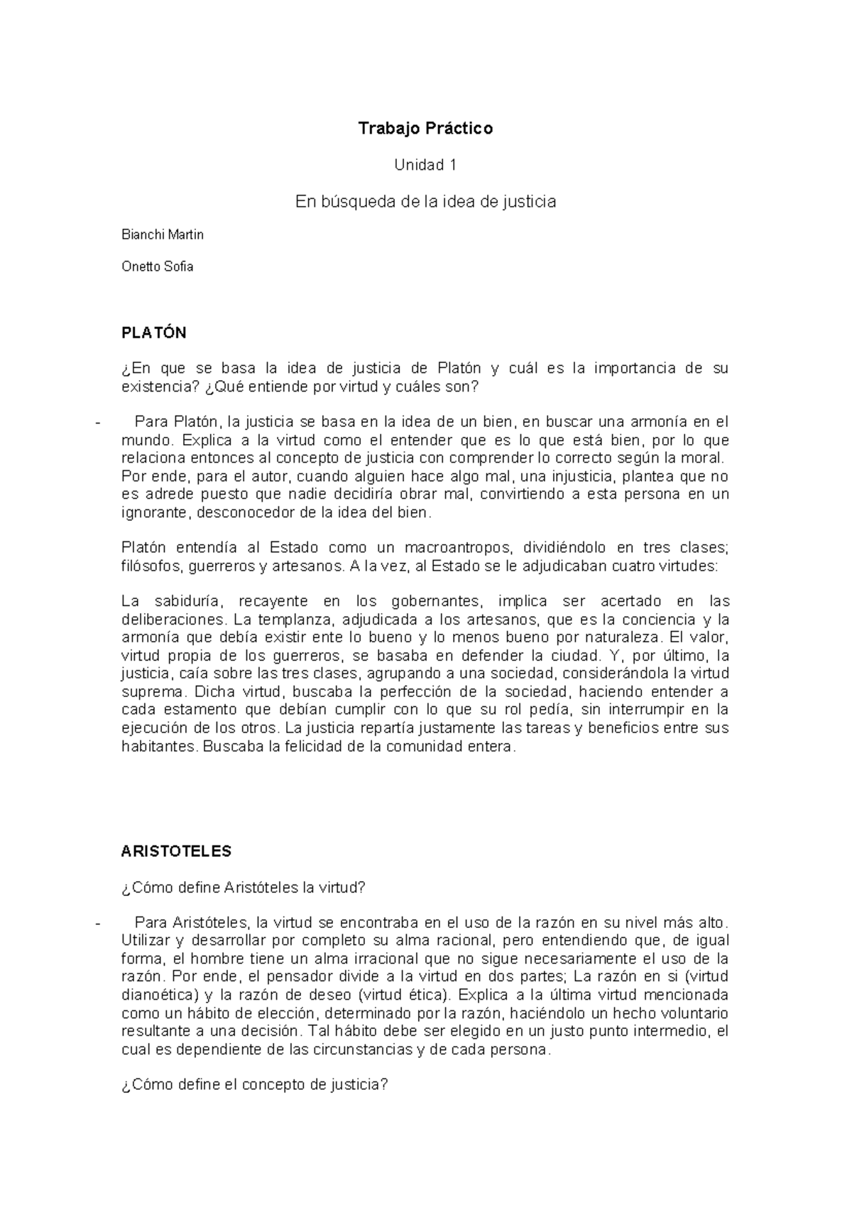 Trabajo Práctico 1: La noción de Justicia en Platón y Aristóteles - Studocu