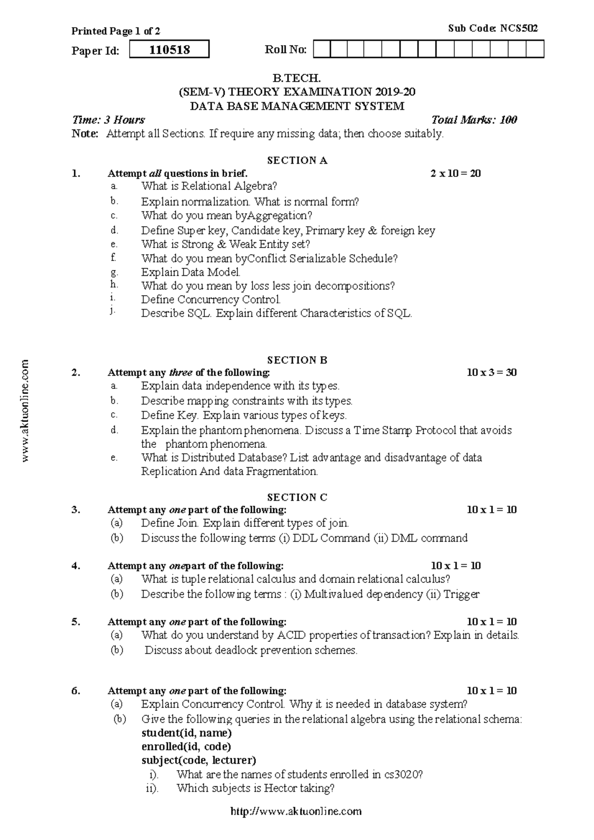 **New Title:** NCS502 B.Tech DBMS Theory Exam Question Paper - Studocu