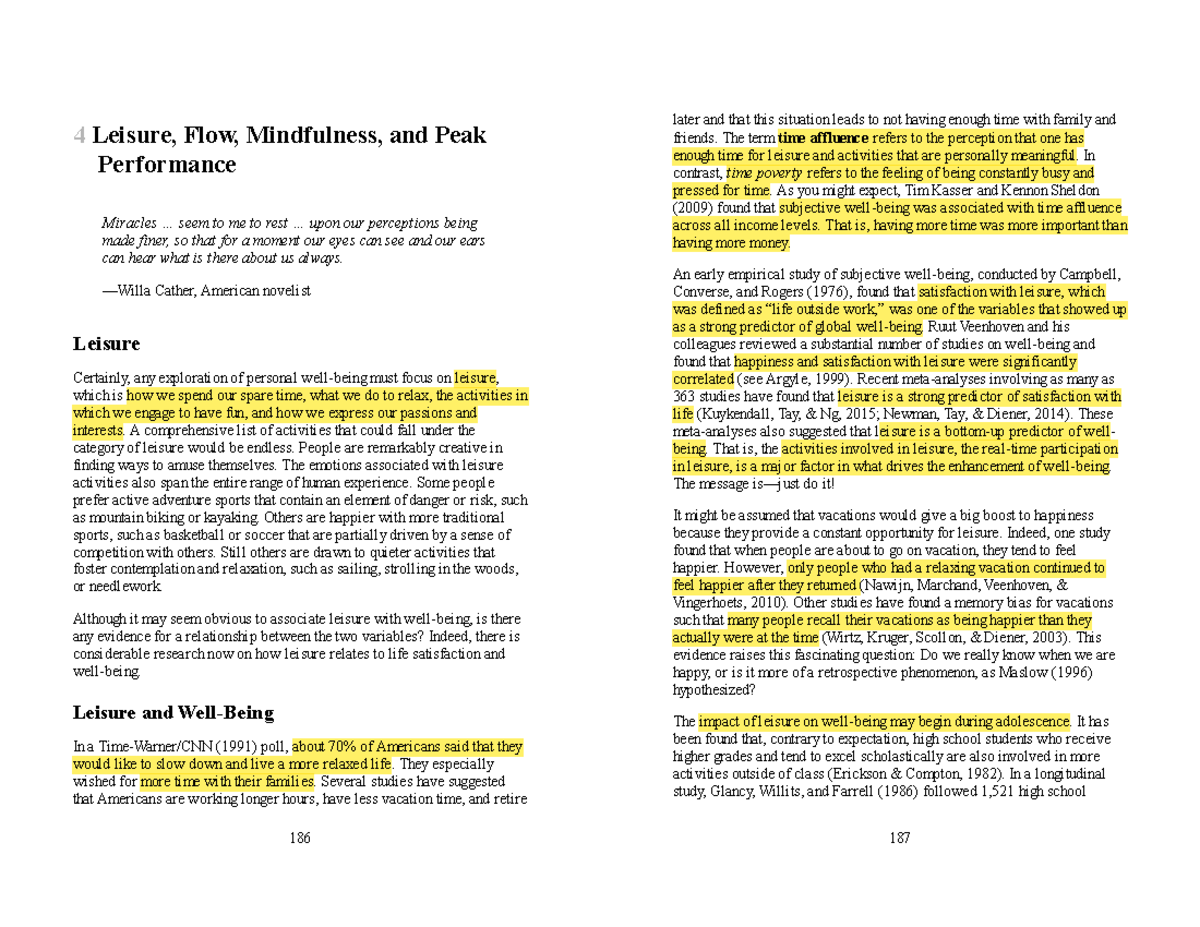 Leisure, Flow, Mindfulness, and Peak Performance: Insights from Chapter 4 - Studocu