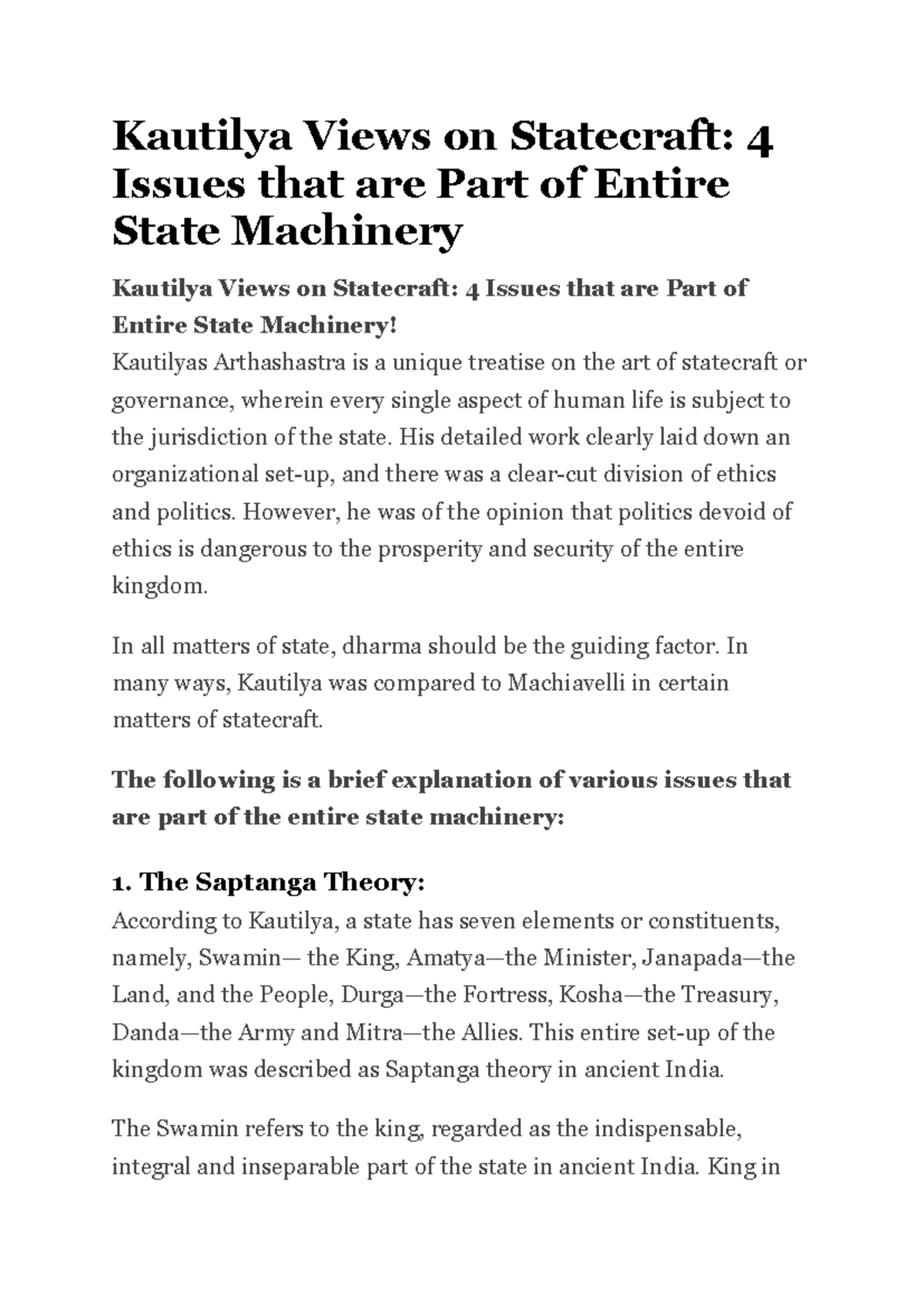 Kautilya's Statecraft Insights: 4 Key Issues in Governance - Studocu
