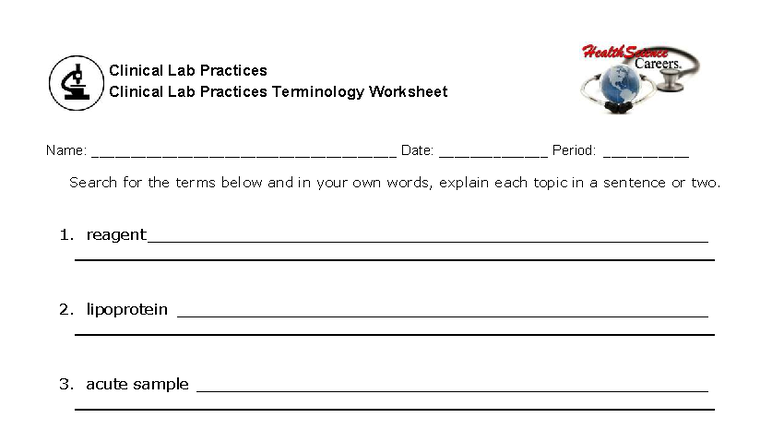 Clinical Lab Terminology Worksheet - Name ...