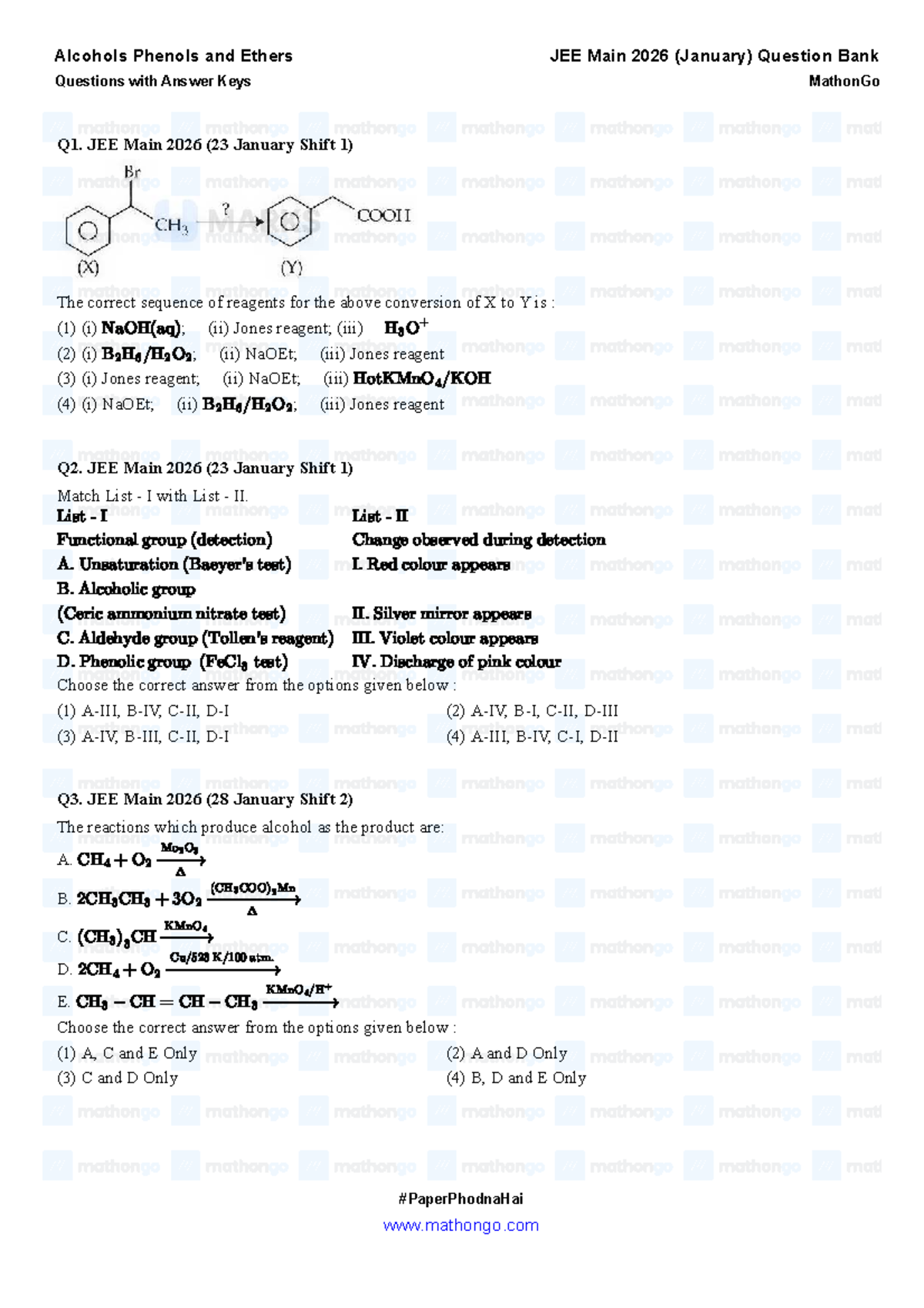 Alcohols, Phenols, and Ethers - JEE Main 2026 (January) Question Bank ...