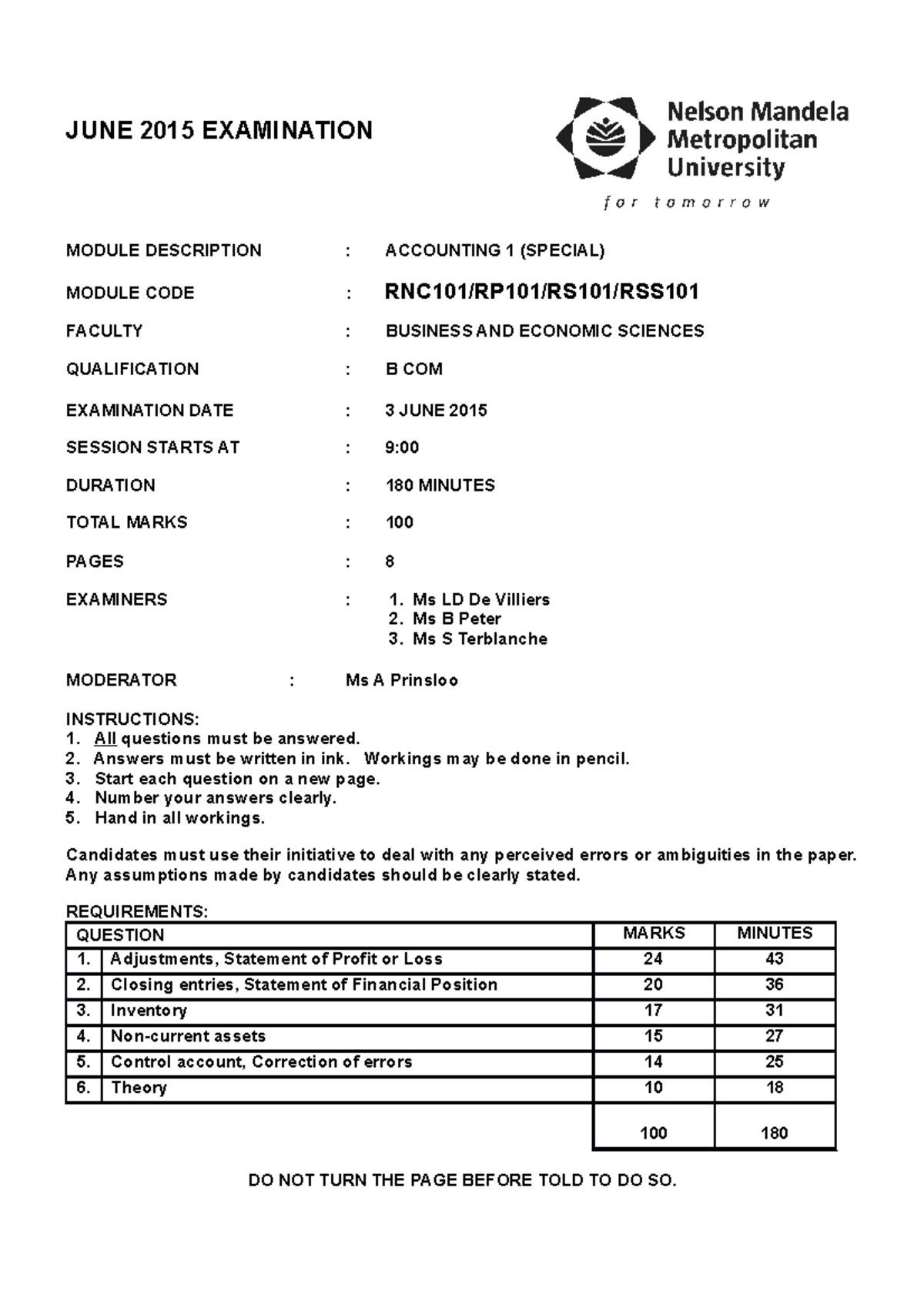 June 2015 EXAM Question - JUNE 2015 EXAMINATION MODULE DESCRIPTION ...