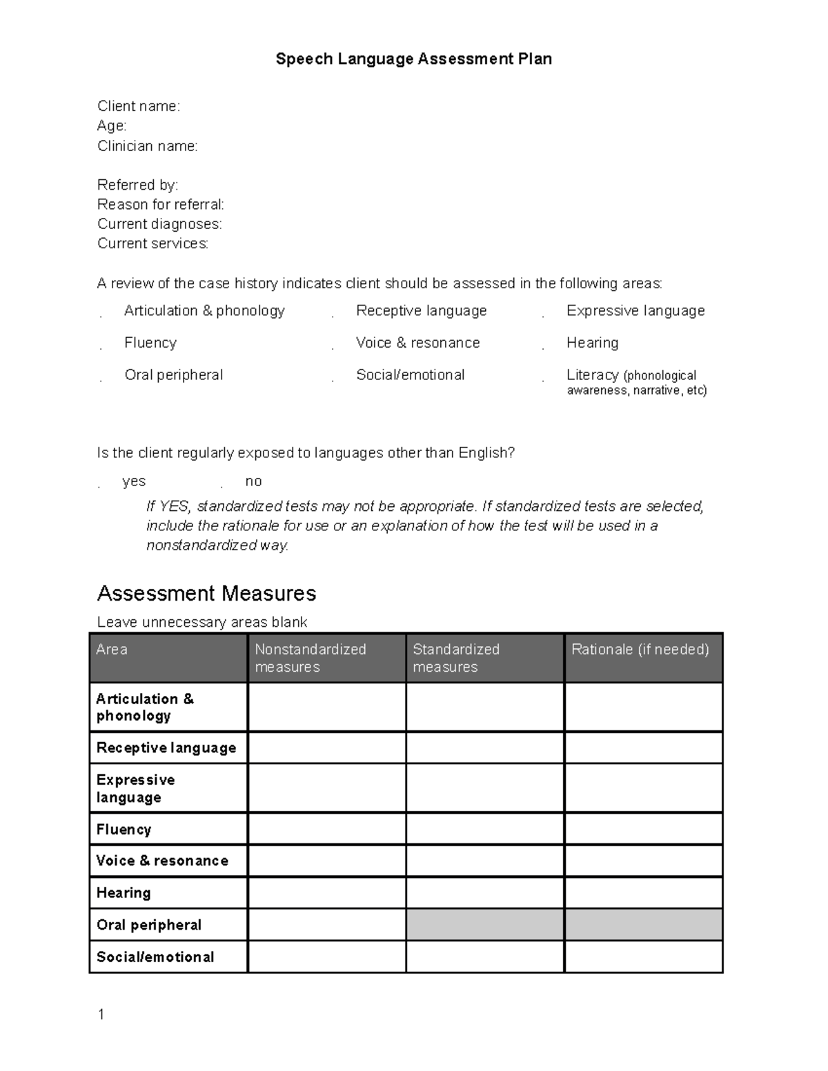 Speech Language Assessment Plan Template for Clinicians - Studocu
