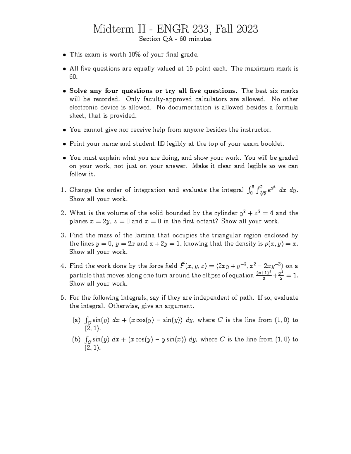Midterm 2 ENGR 233 - Midterm II - ENGR 233, Fall 2023 Section QA - 60 ...