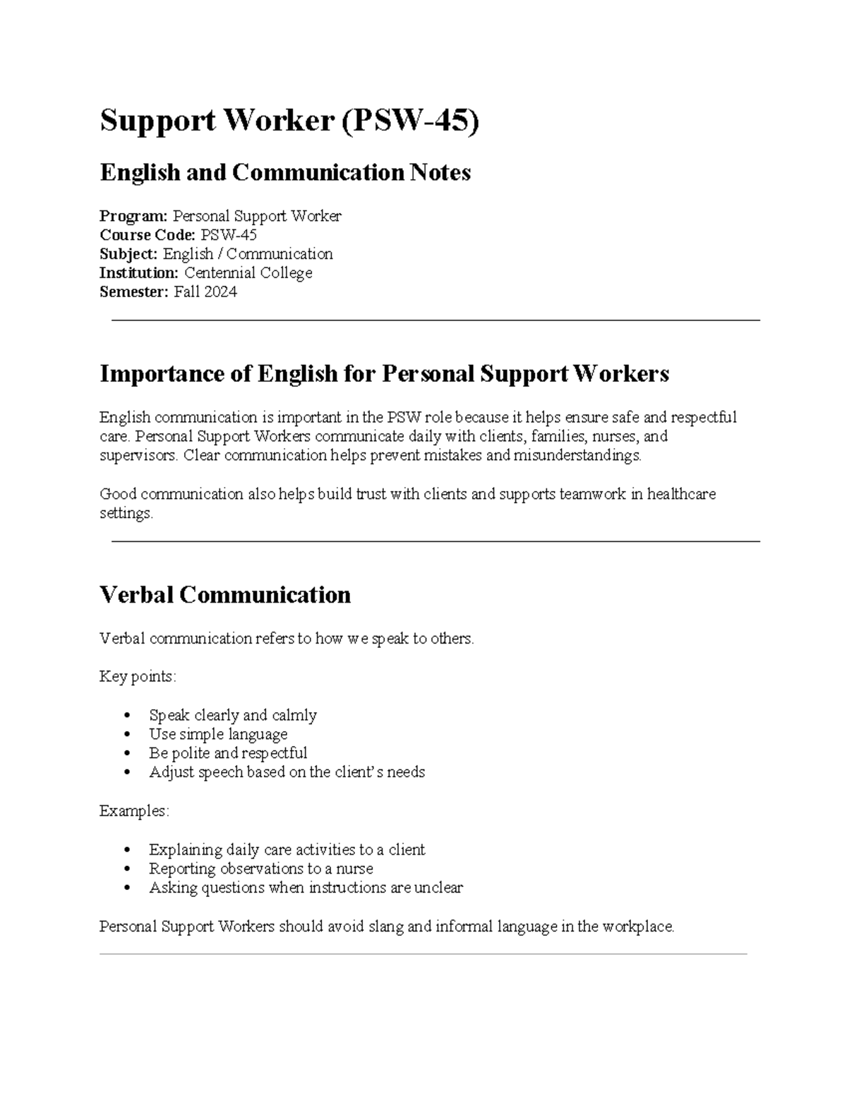 English Communication Notes for PSW - Complete Study Guide - Studocu