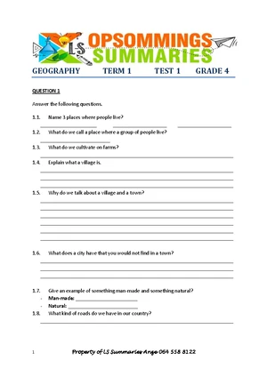 GEO Grade 4 TEST Example - QUESTION 1 Answer the following questions ...