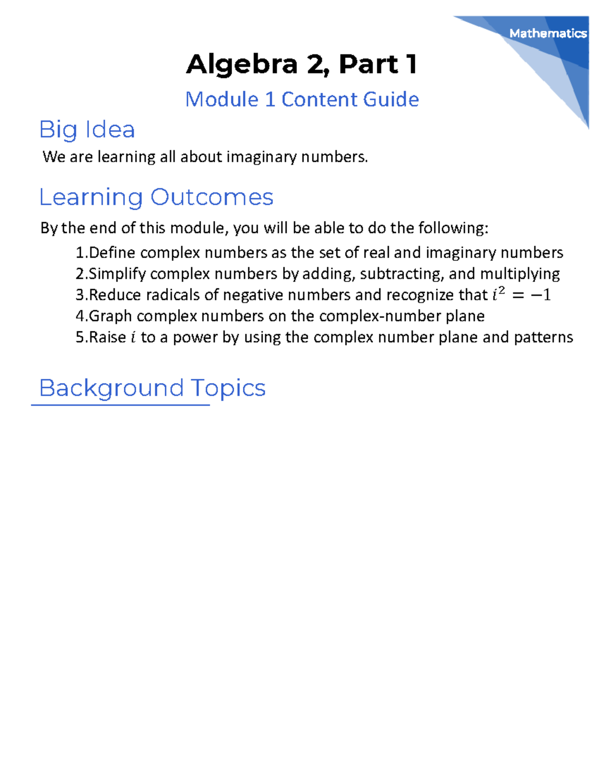 ALG 055 M1 Imaginary Numbers Module 1 Content Guide - Studocu