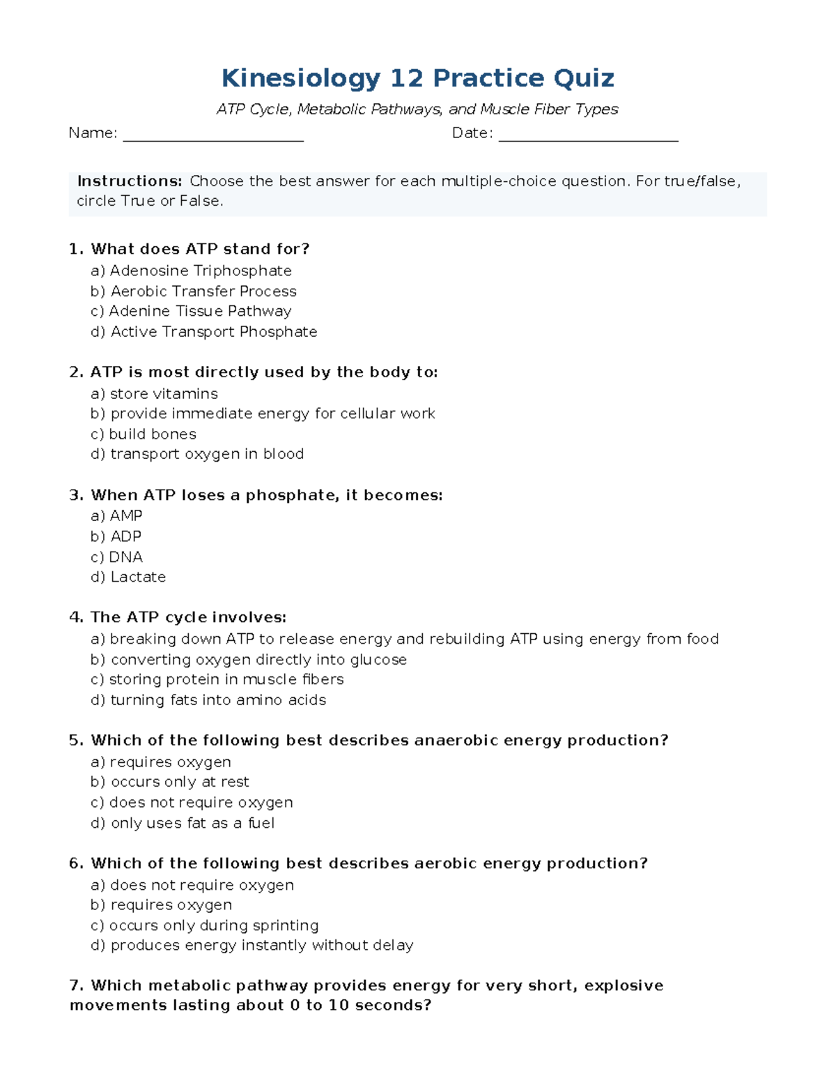 Kinesiology 12 Practice Quiz: ATP Cycle & Muscle Fiber Types - Studocu