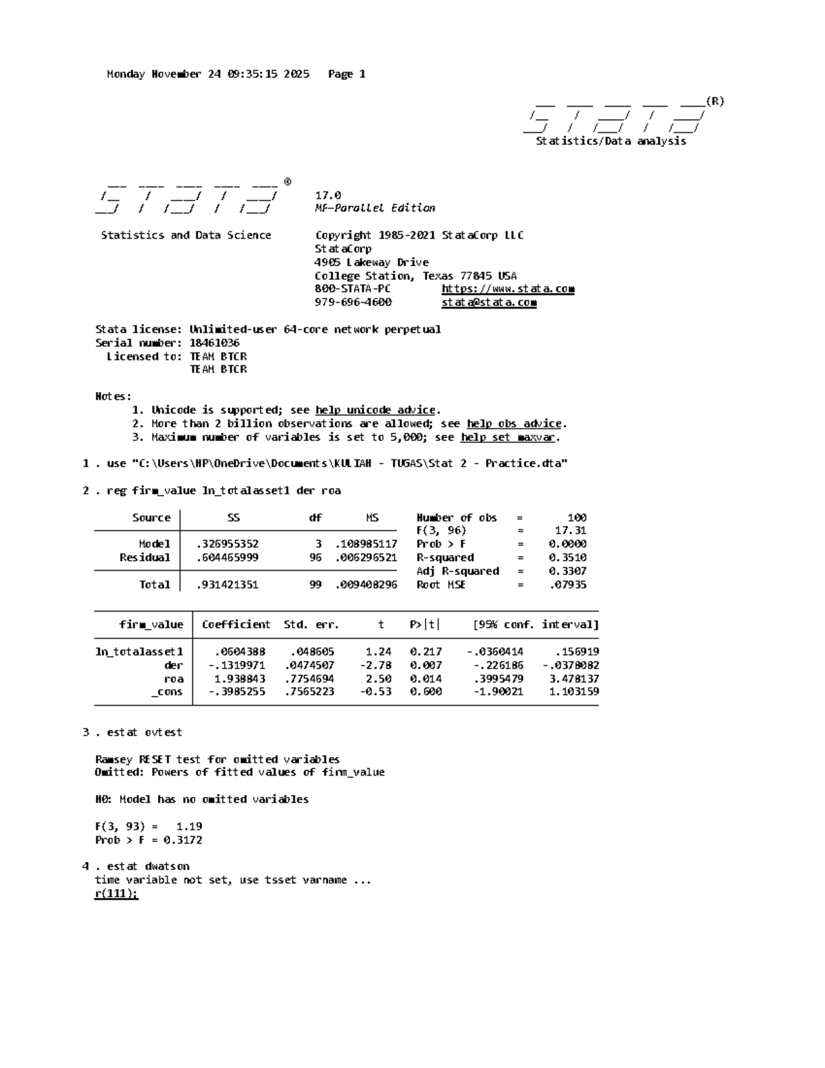 Stata Practice 2: Statistical Analysis and Data Science 17.0 - Studocu
