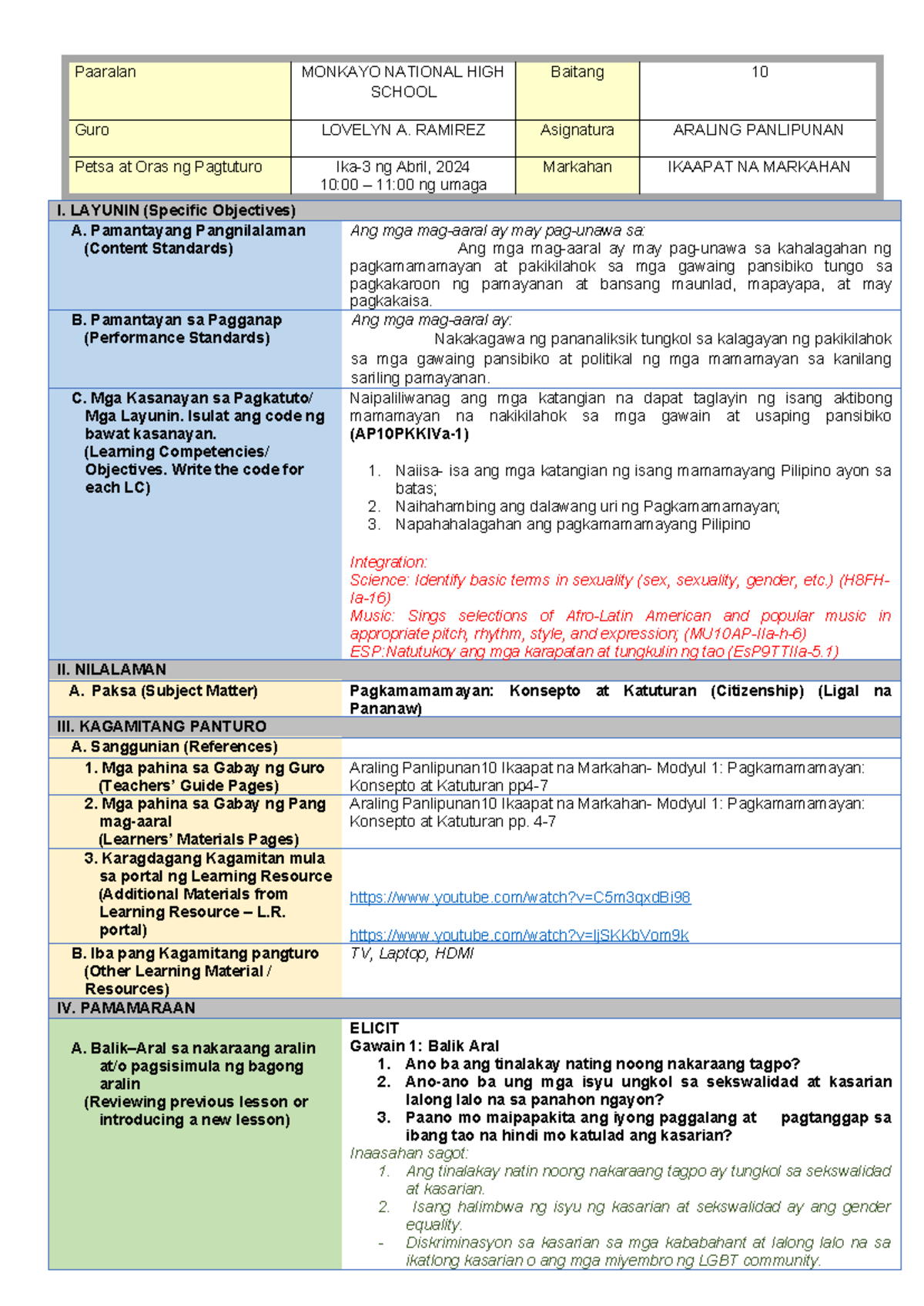 Lesson Plan Q4: Pagkamamamayan, Konsepto at Katuturan - Studocu