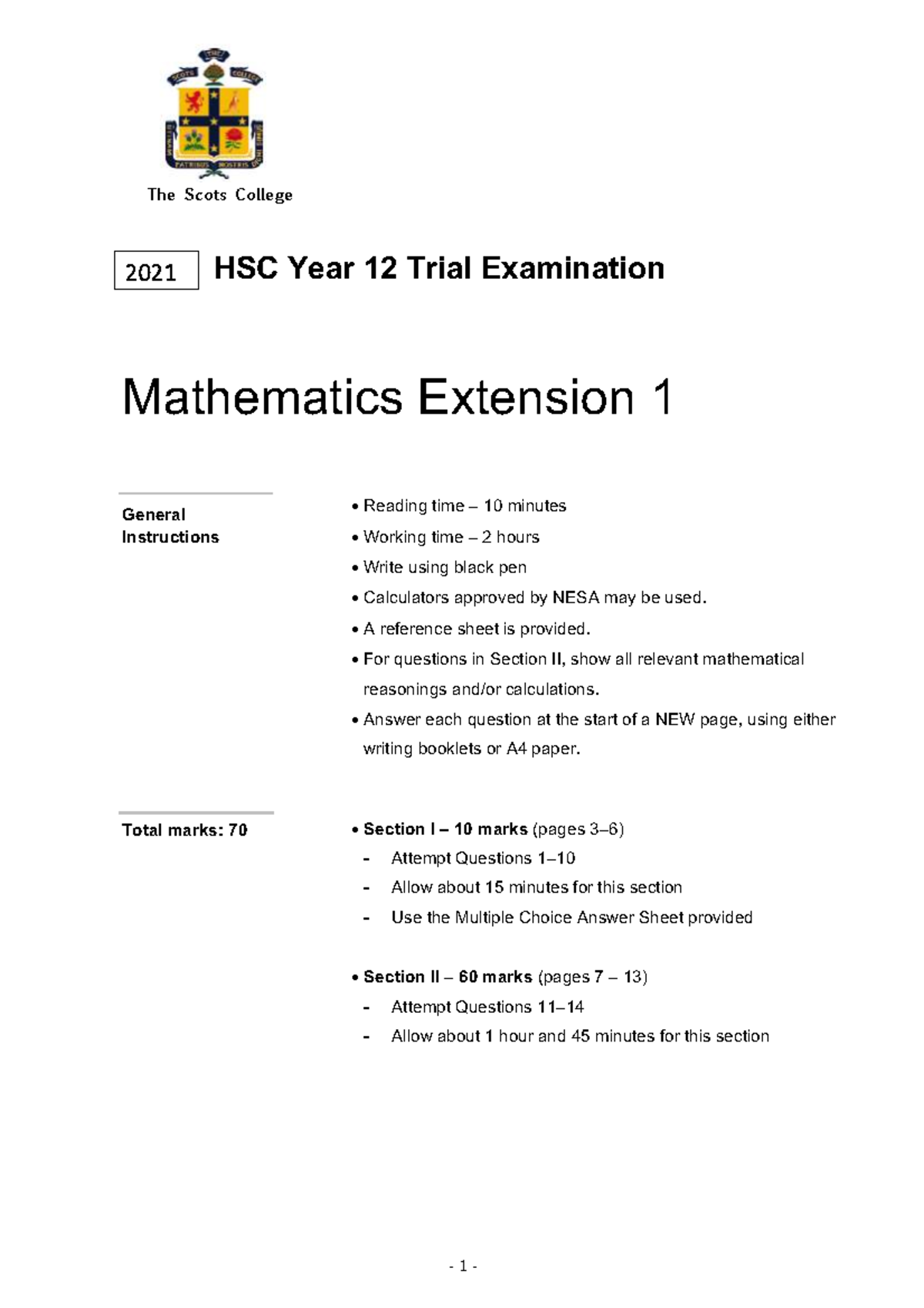 2021 HSC Year 12 Trial Exam - Mathematics Extension 1 - Studocu