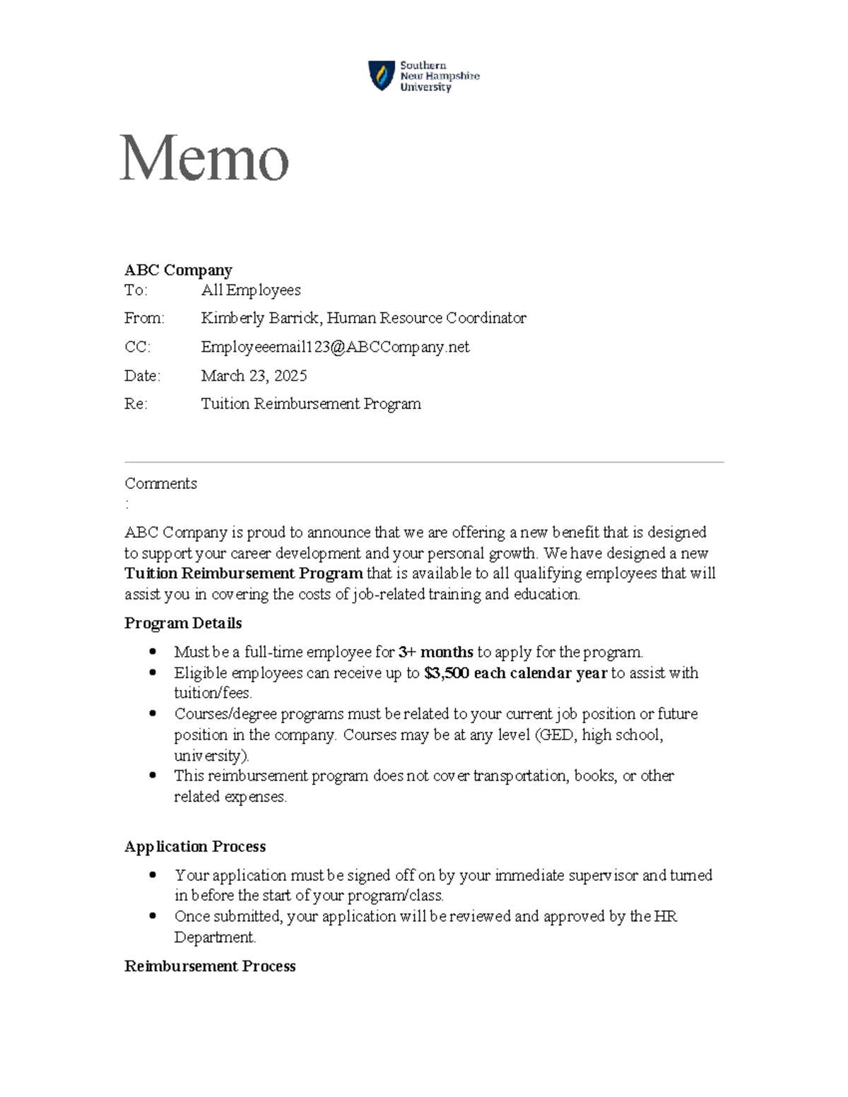 3 3 Memo - Memo on tuition assistance program - Memo ABC Company To ...