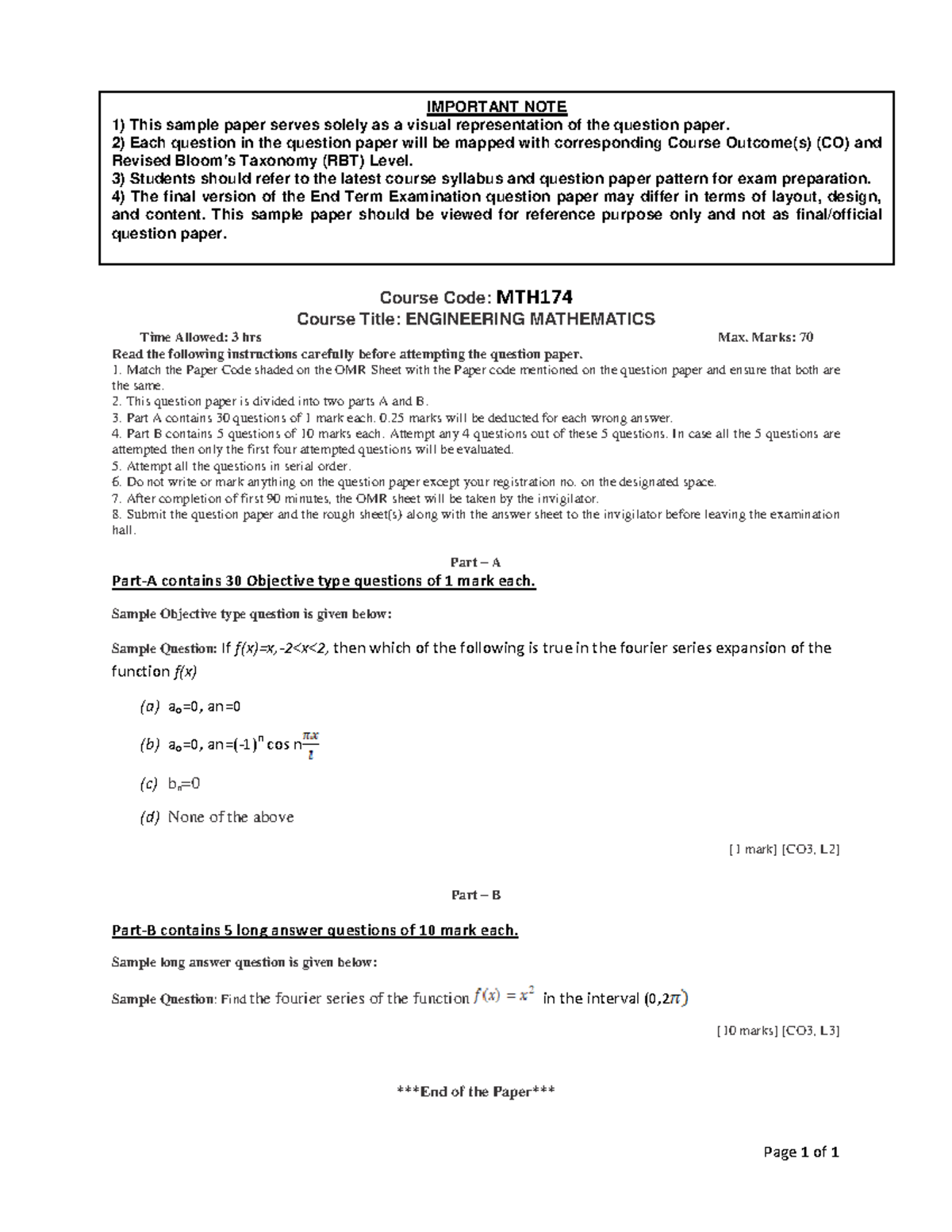 MTH174 - Engineering Mathematics Sample Question Paper Guide - Studocu
