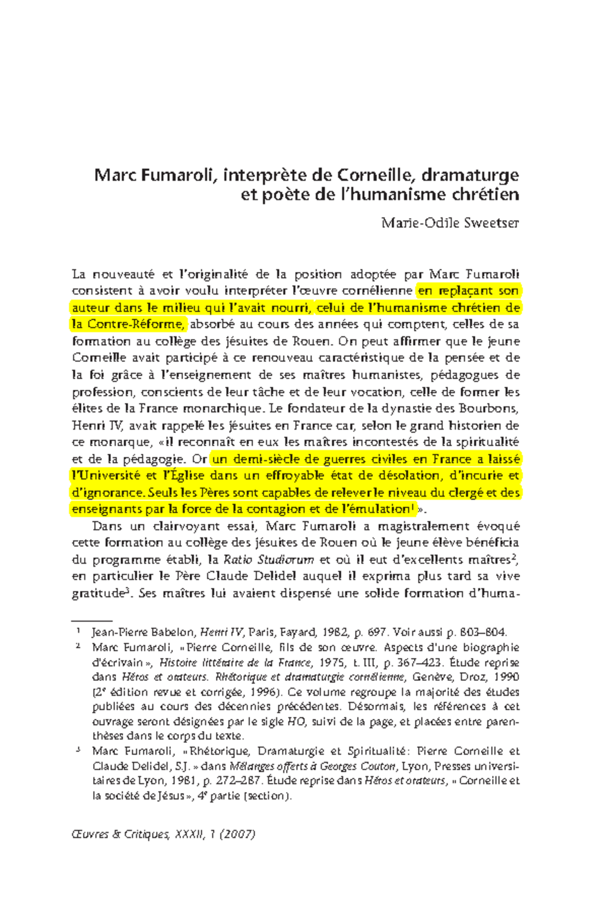 Fumaroli interprete de corneille - Œuvres & Critiques, XXXII, 1 (2007 ...