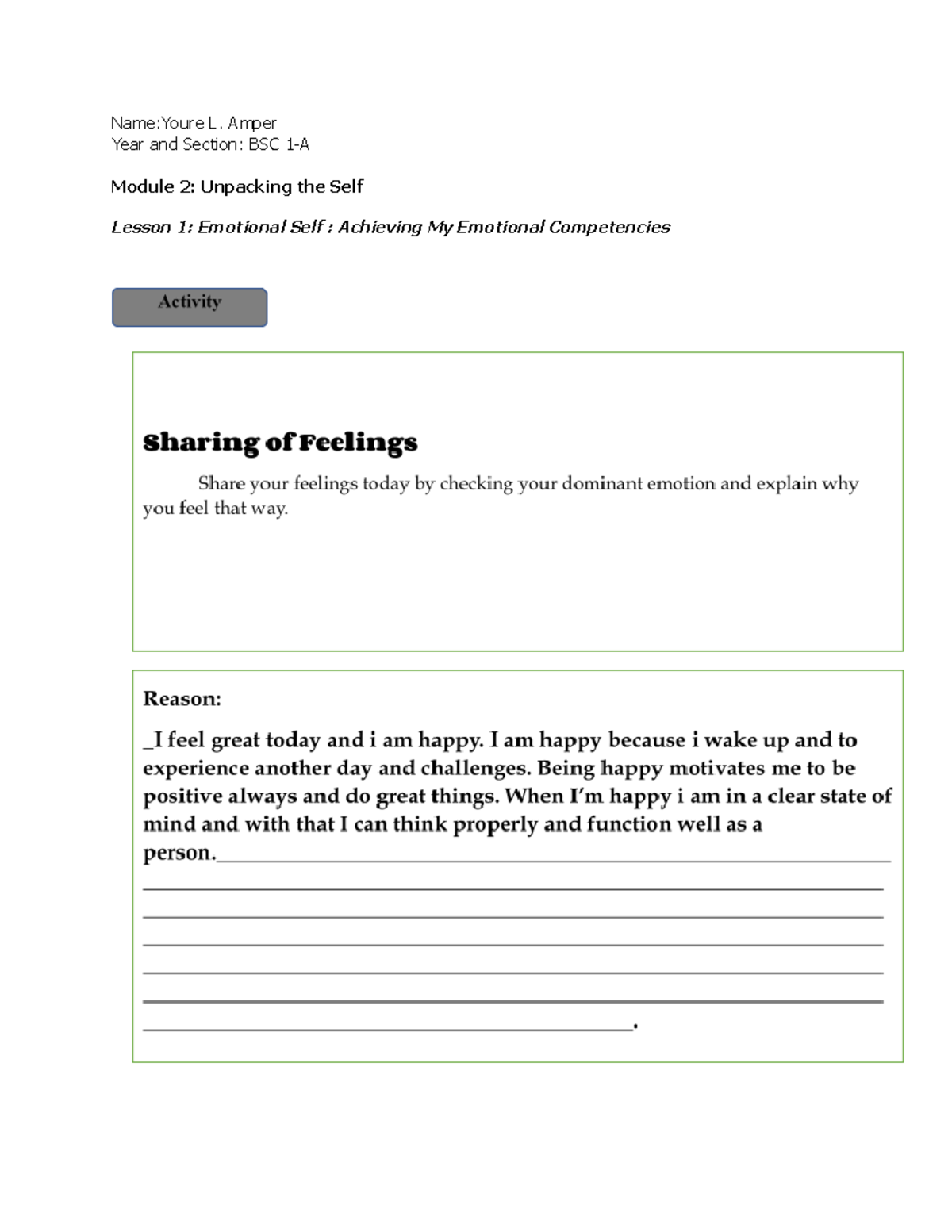 Ge1 Module 2 Lesson 1 Activity - Name:Youre L. Amper Year and Section ...