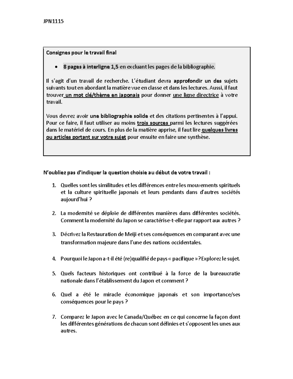 JPN1115 Sujets de travail final 2025 - JPN Consignes pour le travail ...
