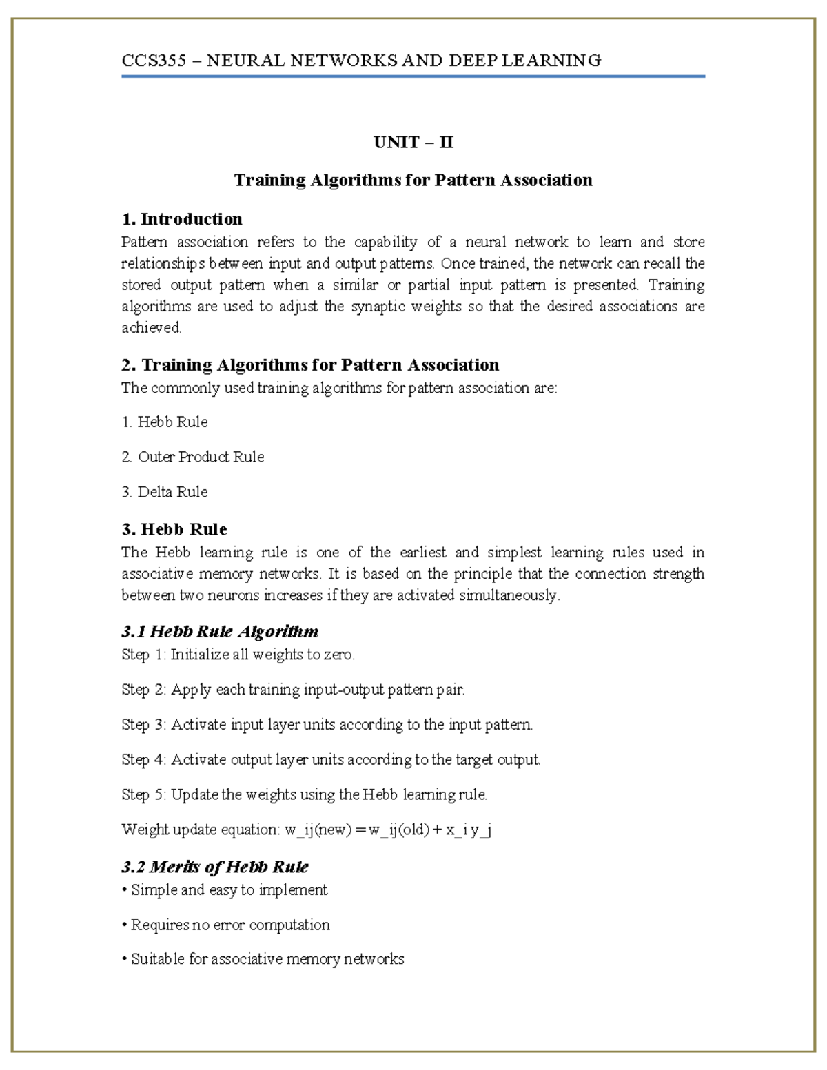 CCS355 NEURAL NETWORKS AND DEEP LEARNING UNIT II Training Algorithms ...