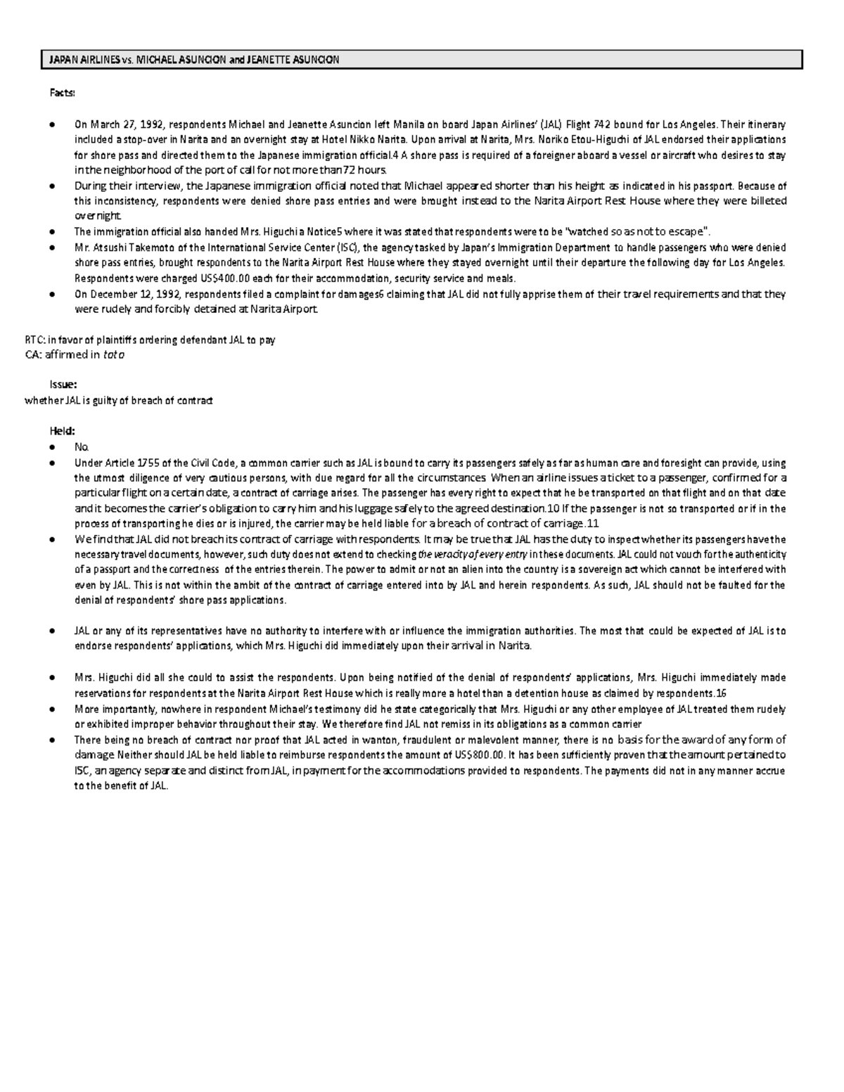 Japan Airlines vs. Michael Asuncion and Jeanette Asuncion- Transpo ...