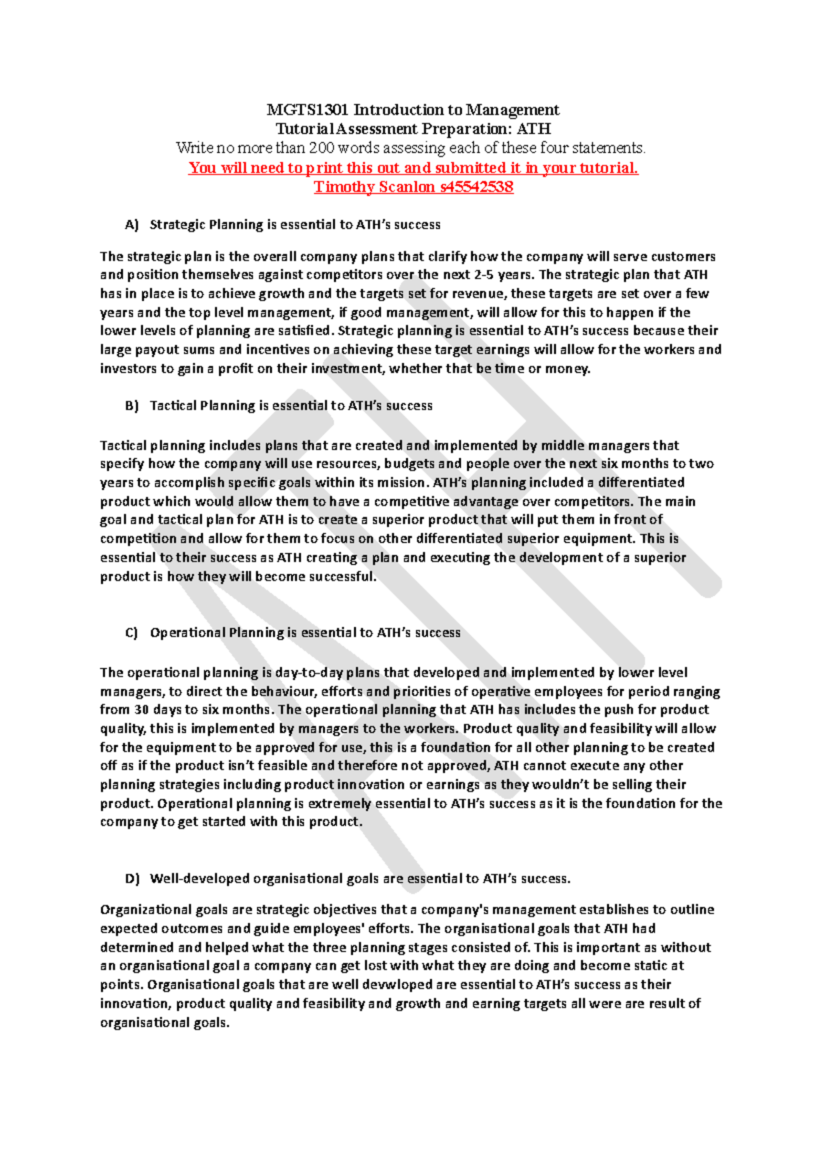 Planning Tutorial Preparation - MGTS1301 Introduction to Management ...