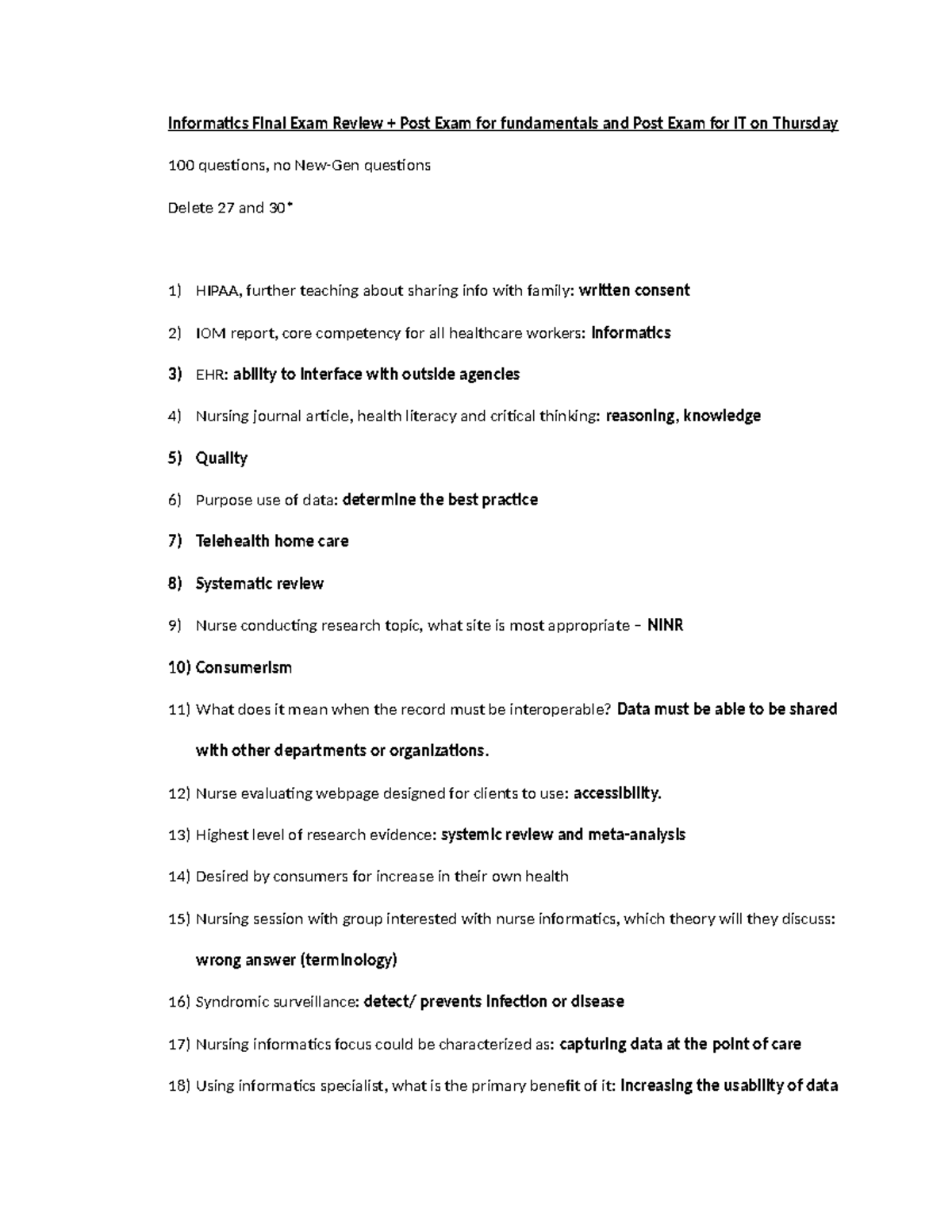Informatics Final Exam Review & Post Exam Study Guide - Studocu