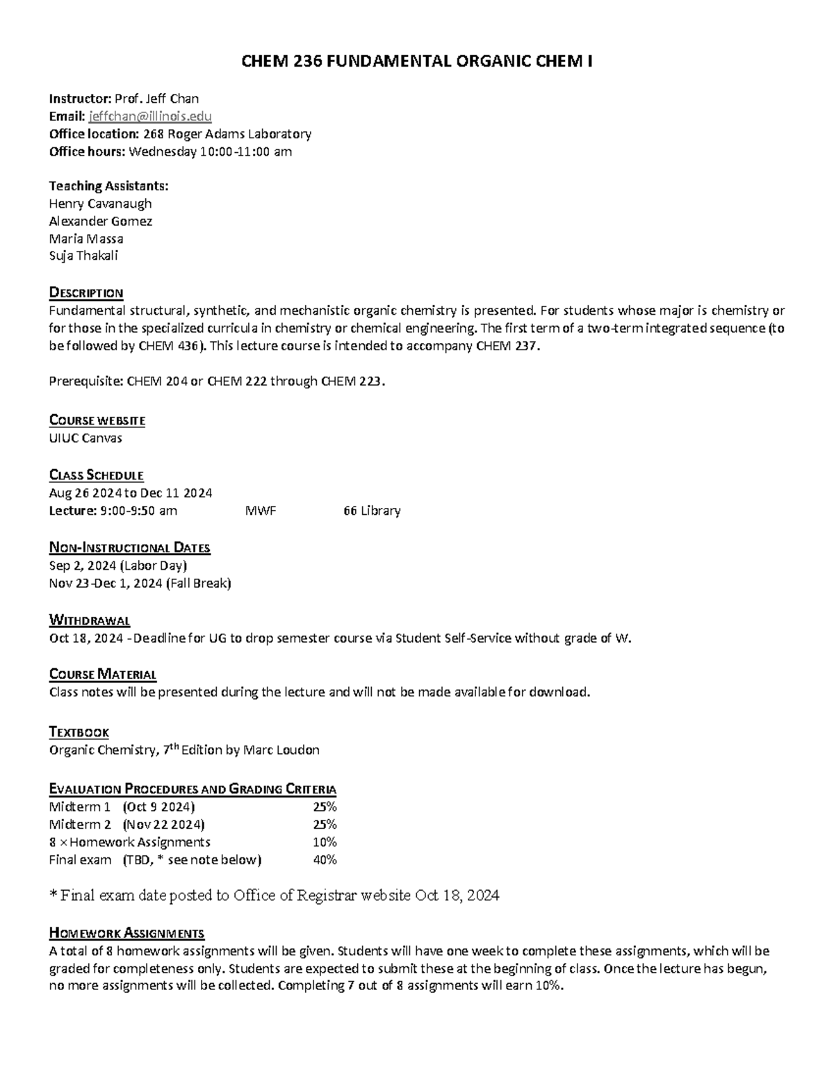 CHEM 236 Fall 2024 Syllabus: Fundamental Organic Chemistry I - Studocu