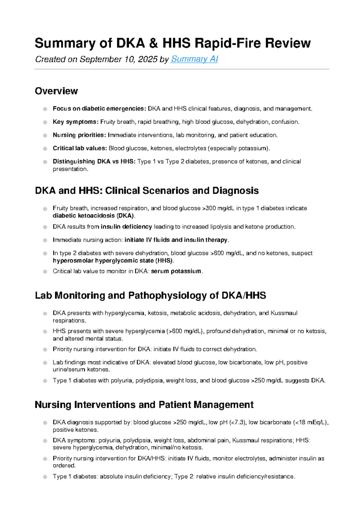 Summary of DKA & HHS: Clinical Features, Diagnosis, and Nursing ...